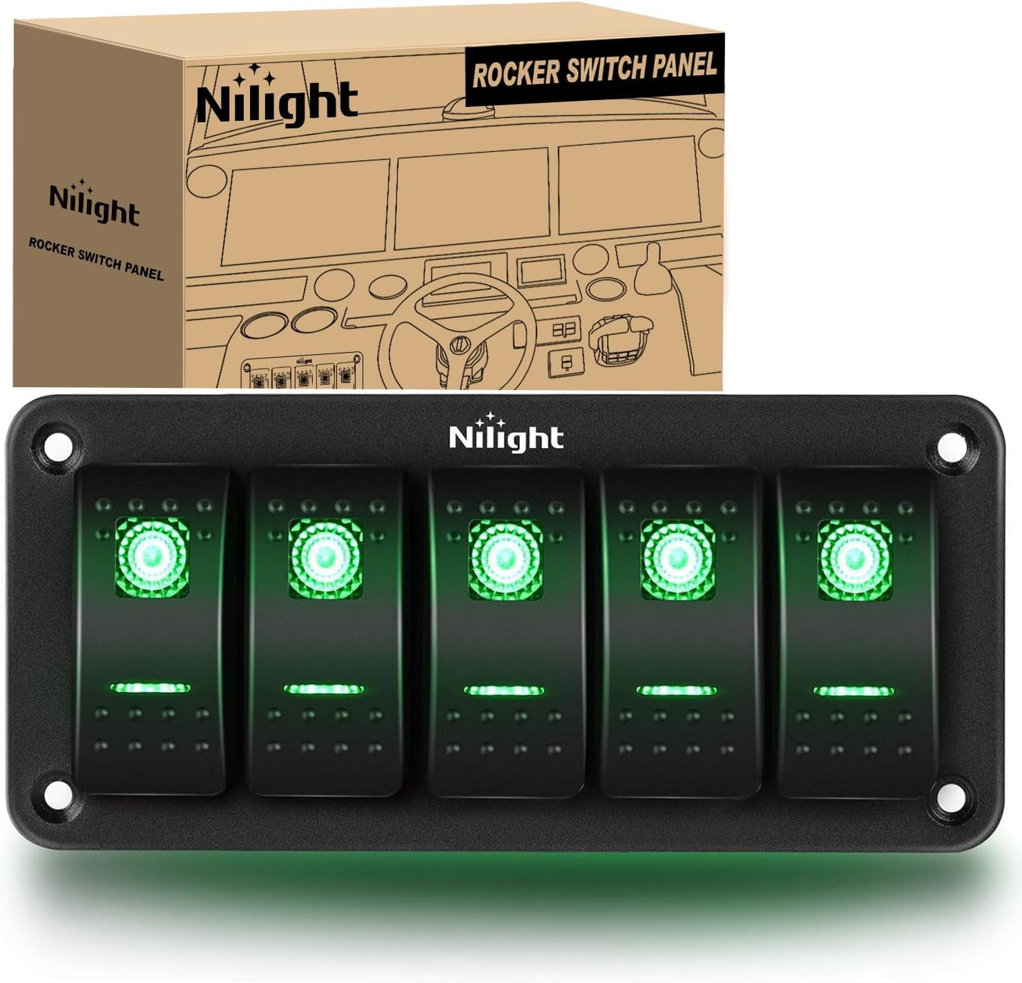 Nilight 5 Gang Rocker Switch Panel 5Pin On Off Toggle Aluminum Holder ...