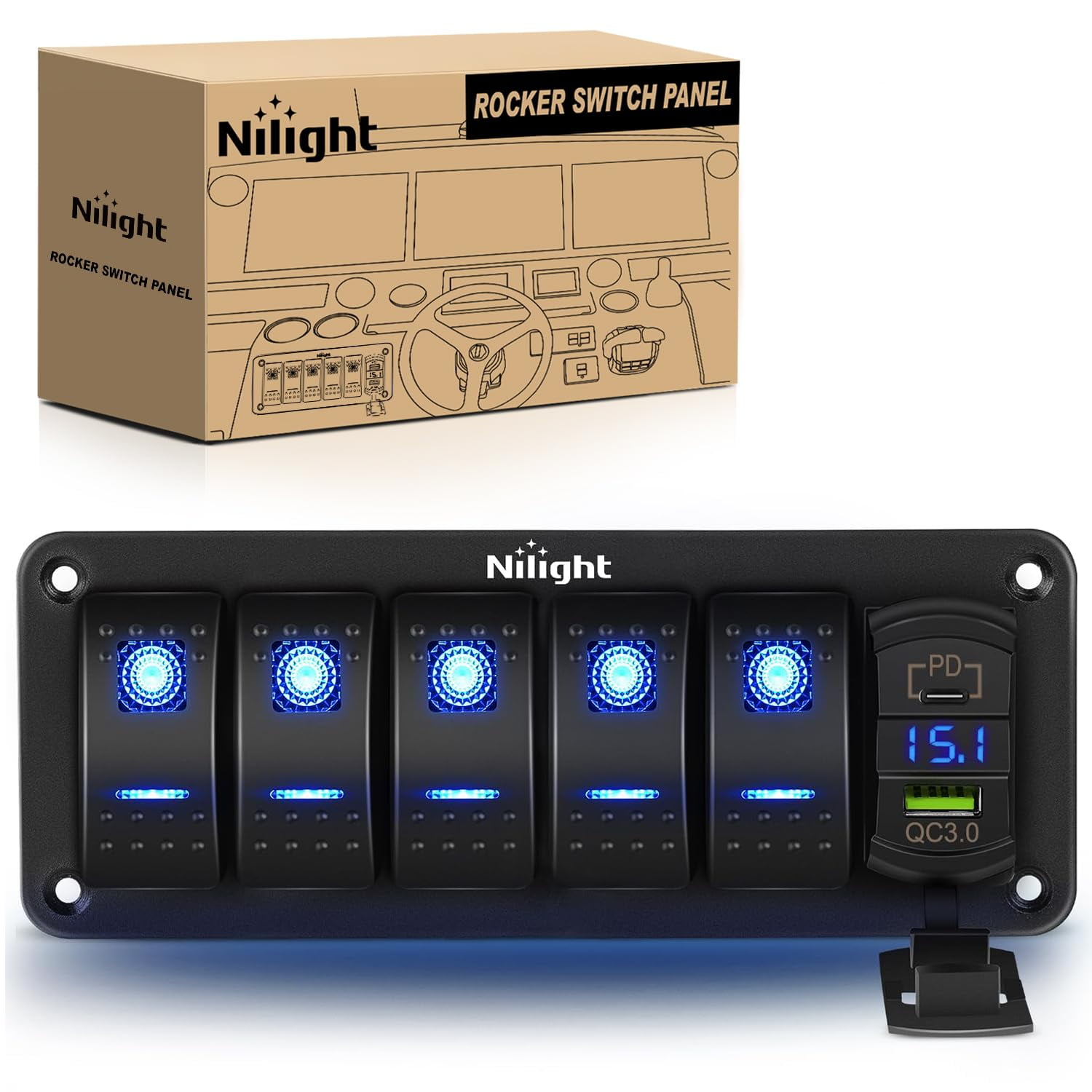 Nilight 5 Gang Rocker Switch Panel Blue Backlit with PD Type C and USB ...