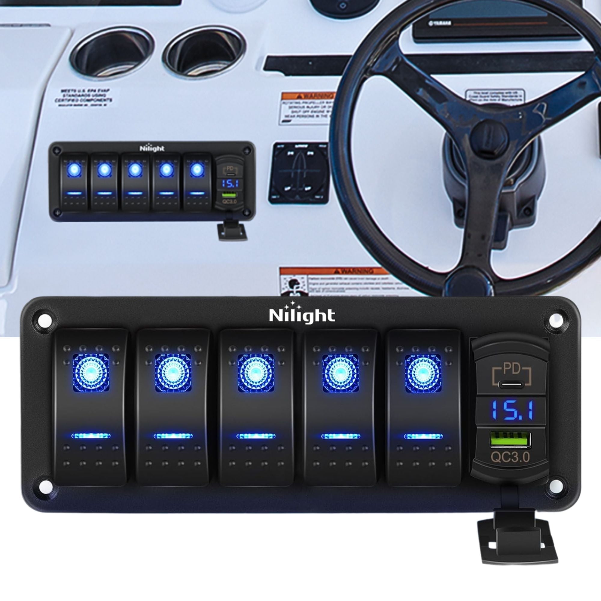 Nilight 5 Gang Rocker Switch Panel Blue Backlit with PD Type C and QC 3 ...
