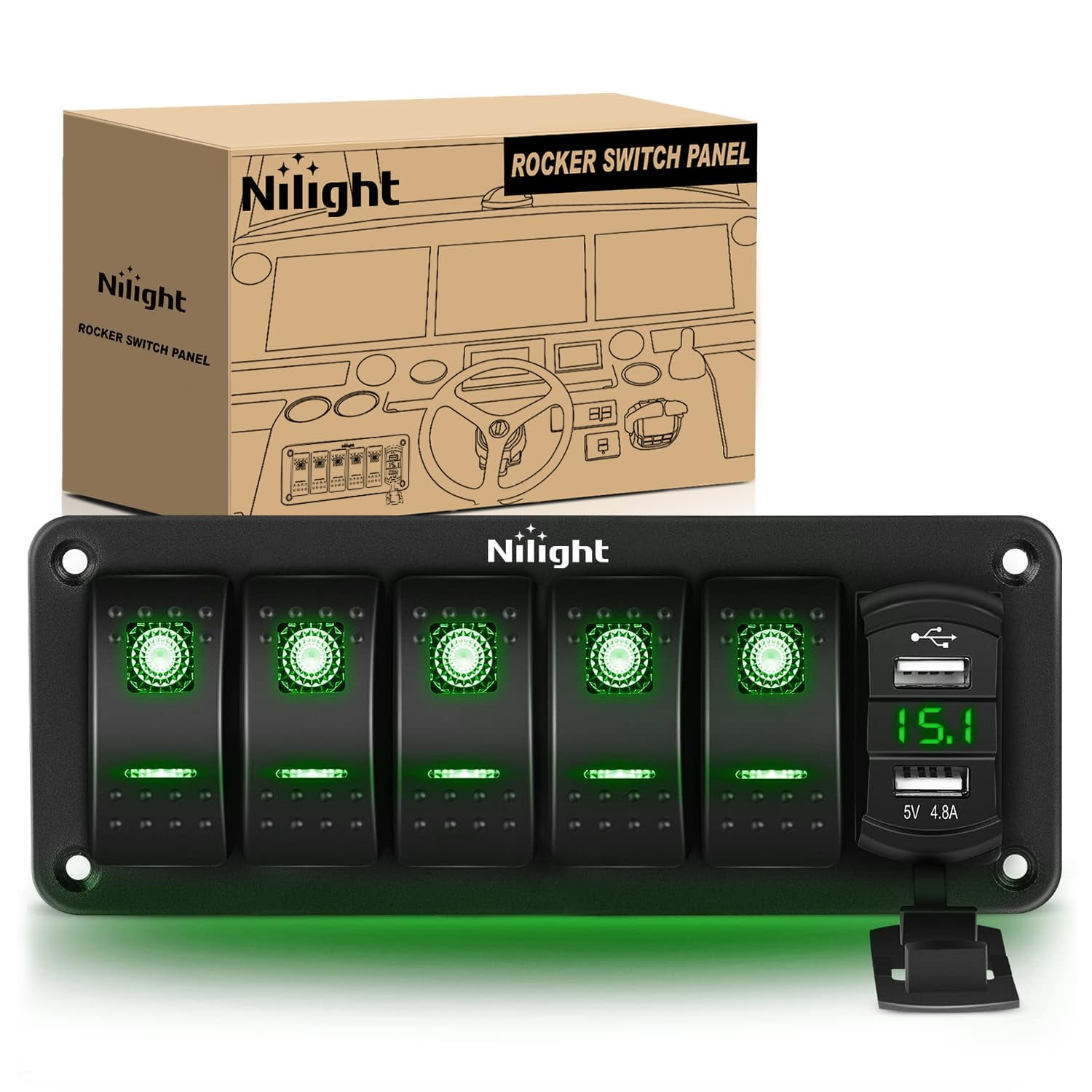 Nilight 5 Gang Rocker Switch Panel with USB Charger Voltmeter ...