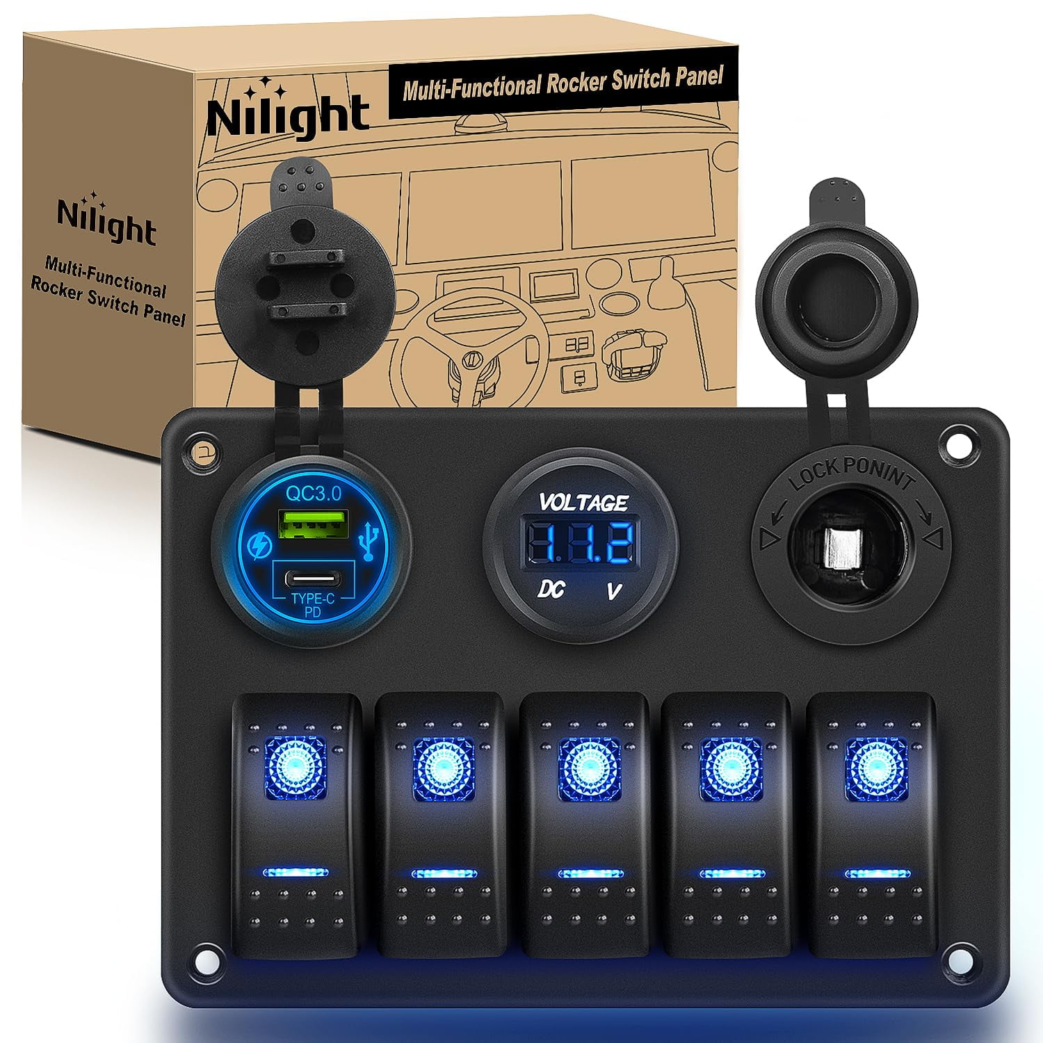 Nilight 5 Gang Rocker Switch Panel Pre-Wired Aluminum Panel with PD ...