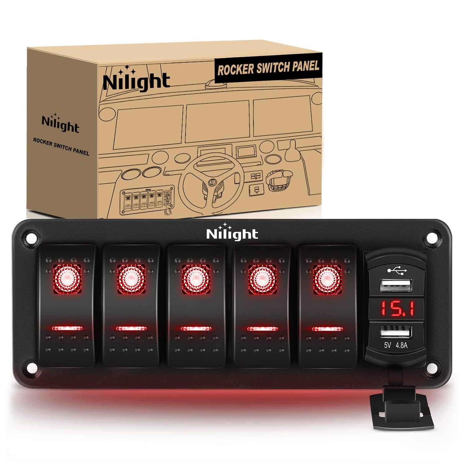 Nilight 5 Gang Rocker Switch Panel Red Backlit with 4.8 Amp Dual USB ...