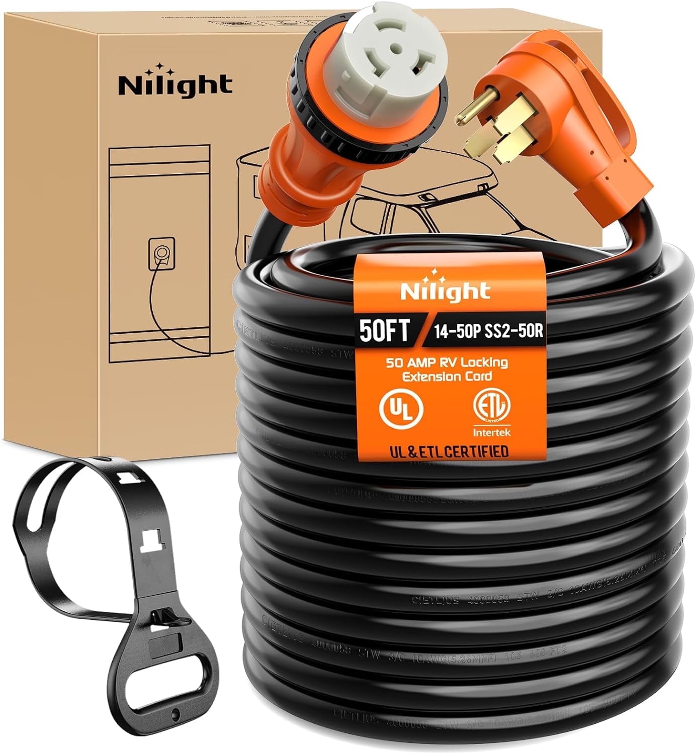 Nilight 50 Amp 50FT RV Locking Extension Cord 250V Heavy Duty 6/3+8/1 ...