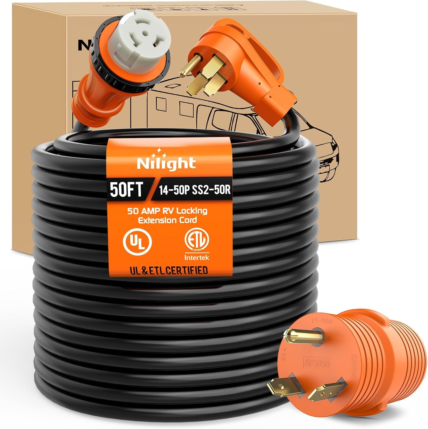 Nilight 50 Amp 50FT RV Locking Extension Cord with Adapter 30Amp to ...