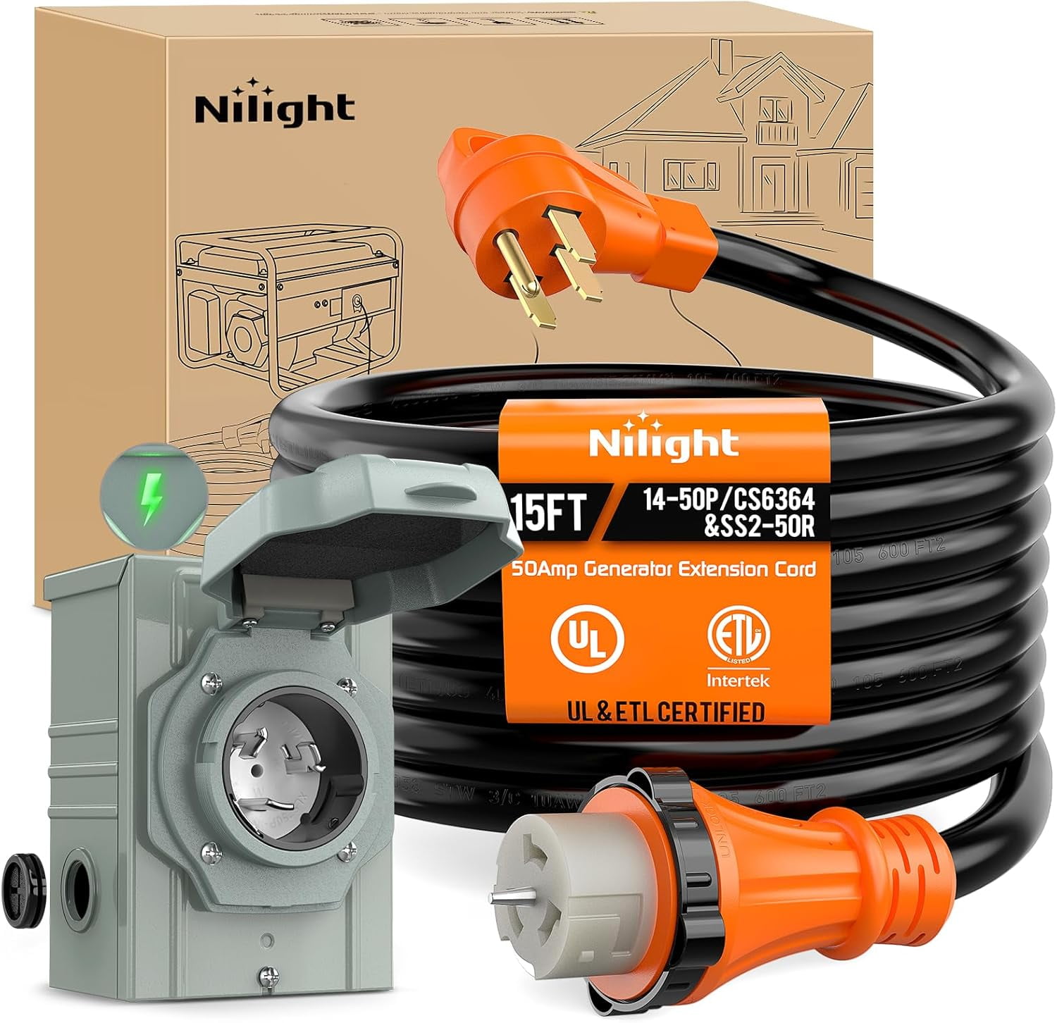Nilight 50A 15FT Generator Extension Cord and Power Inlet Box 125/250V ...