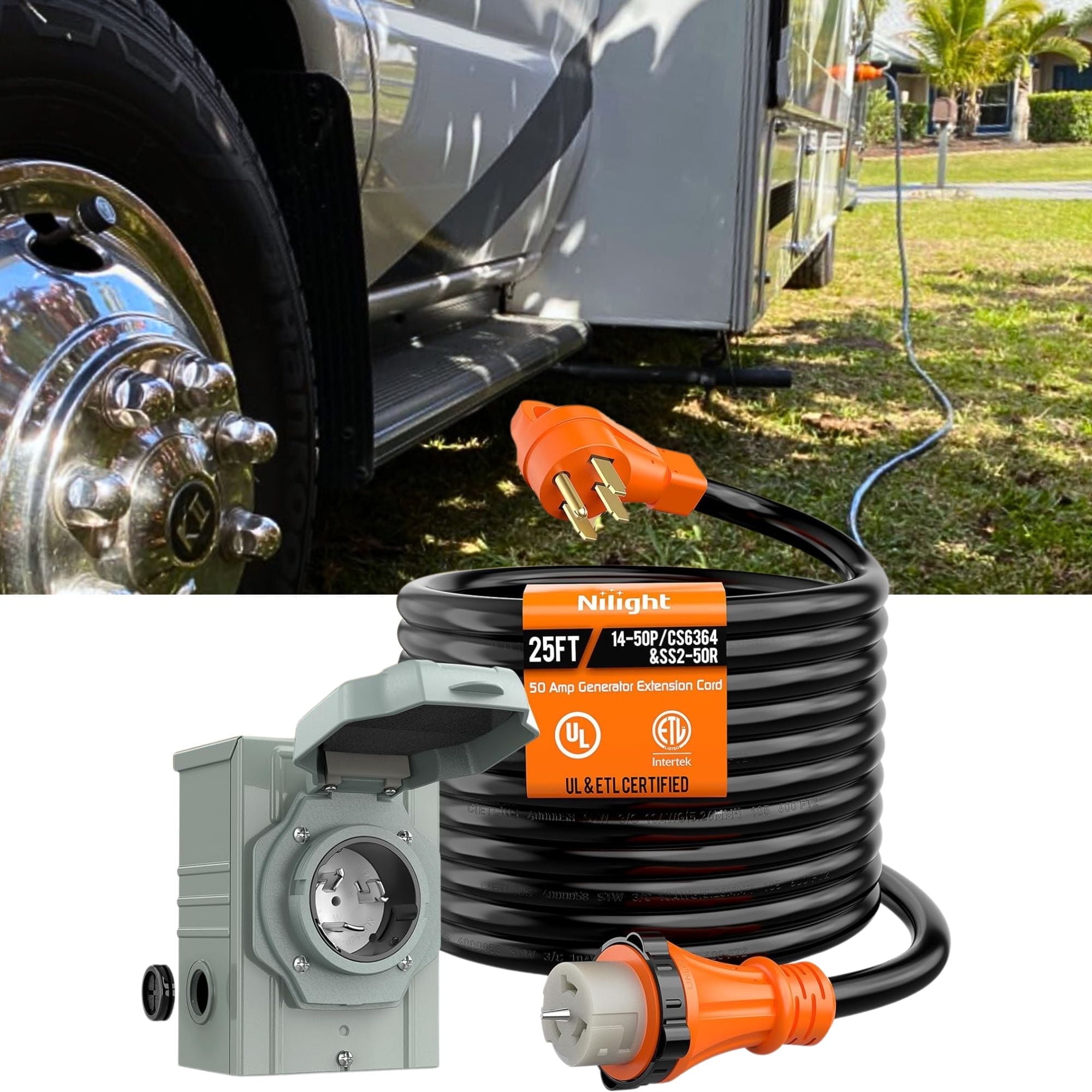 Nilight 50A 25FT Generator Extension Cord and Power Inlet Box 125/250V ...