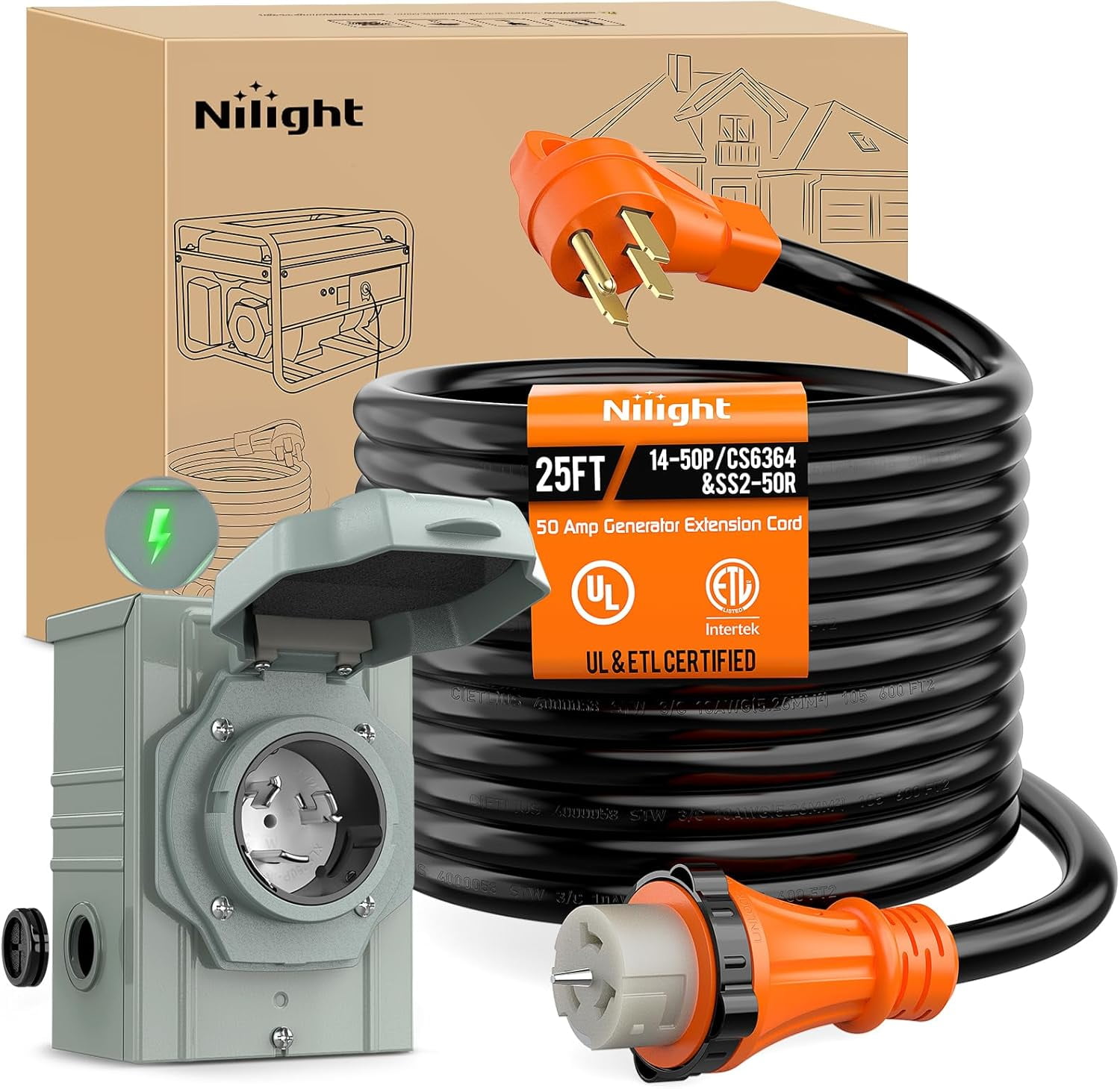 Nilight 50A 25FT Generator Extension Cord and Power Inlet Box 125/250V ...