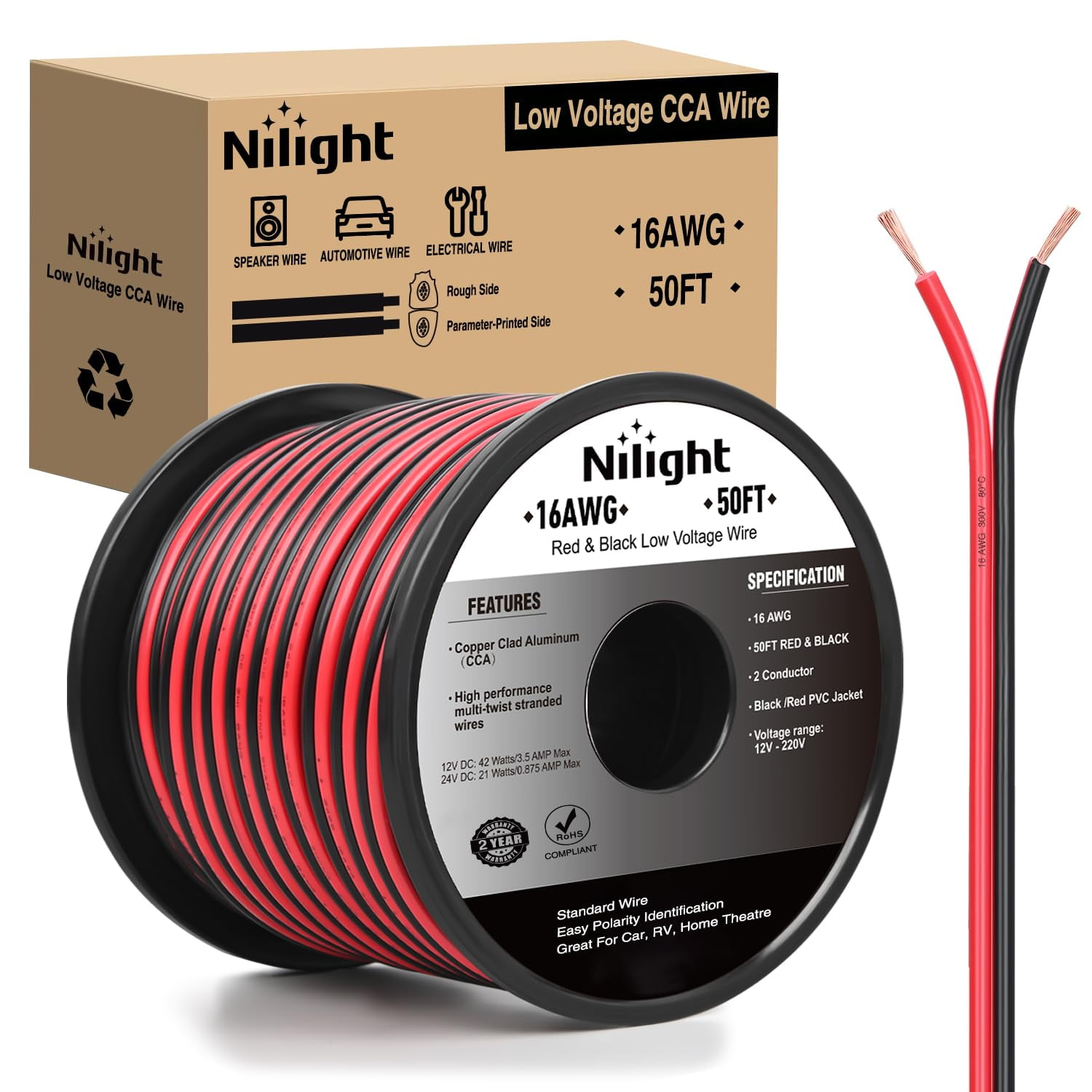 Nilight 50FT 16AWG Copper Clad Aluminum Wire 16/2 Gauge Red Black CCA ...