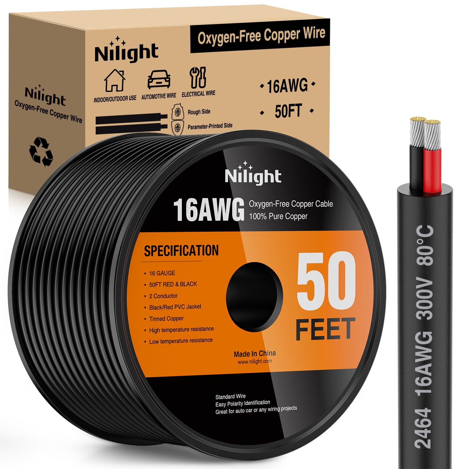 Nilight 50FT 16AWG Oxygen-Free Copper Wire Red Black Electrical Wire ...