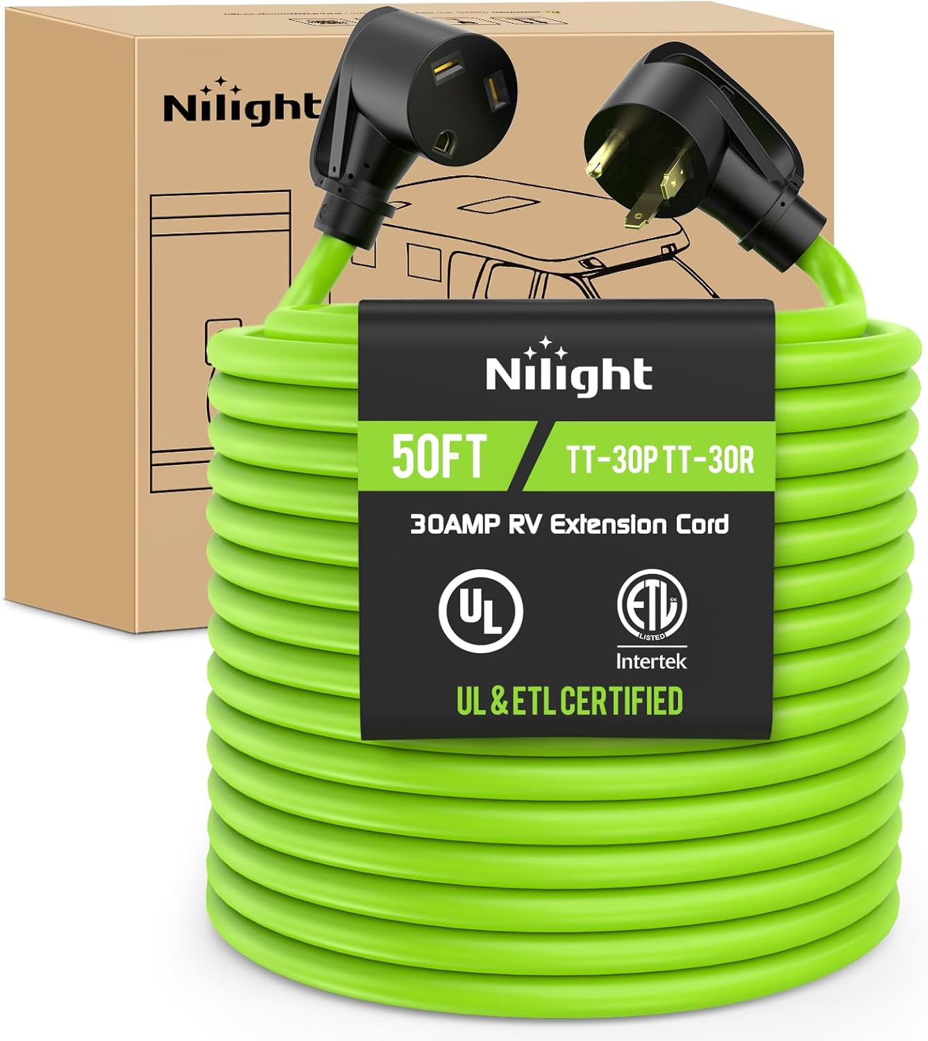 Nilight 50FT 30 Amp RV Extension Cord 125V Heavy Duty 10/3 Gauge Pure ...