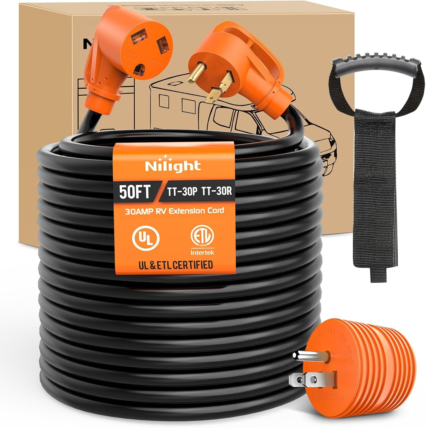 Nilight 50FT 30 Amp RV Extension Cord with Adapter 15Amp to 30Amp 125V ...