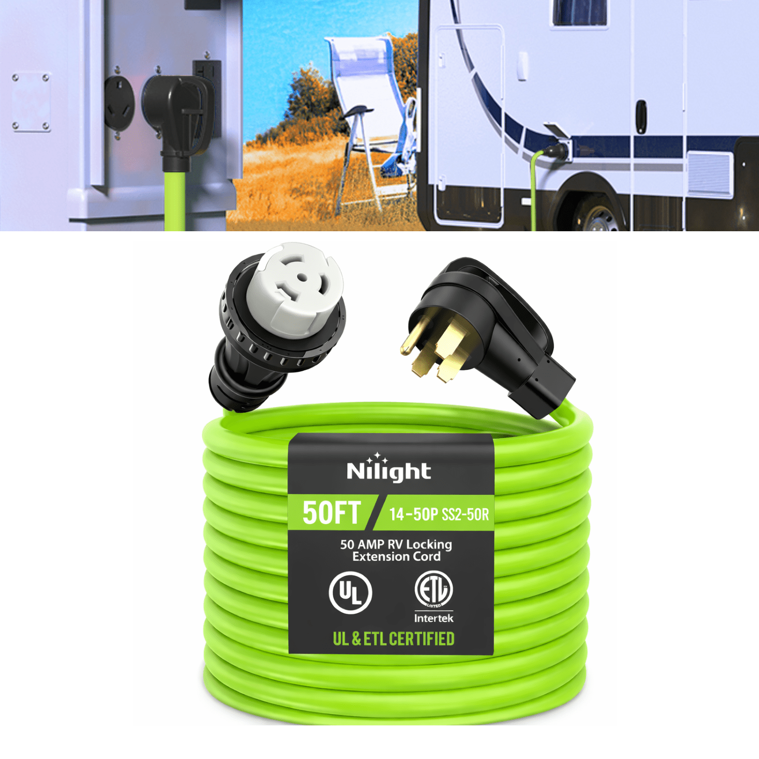 Nilight 50FT 50 Amp RV Locking Extension Cord 250V Heavy Duty 6/3+8/1 ...