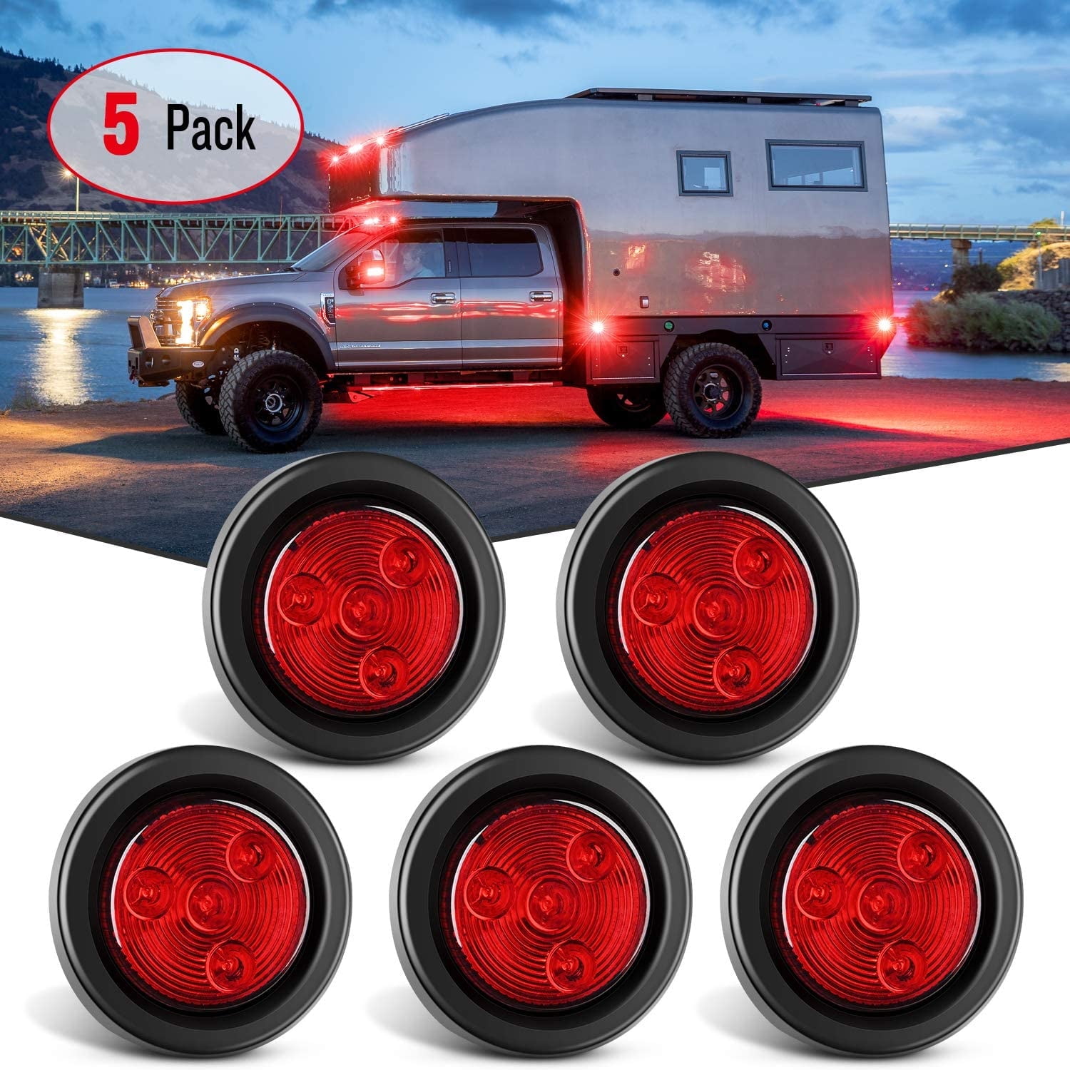 Nilight 5PCS Red Round Trailer LED Marker Clearance Light 4 LED Flush ...
