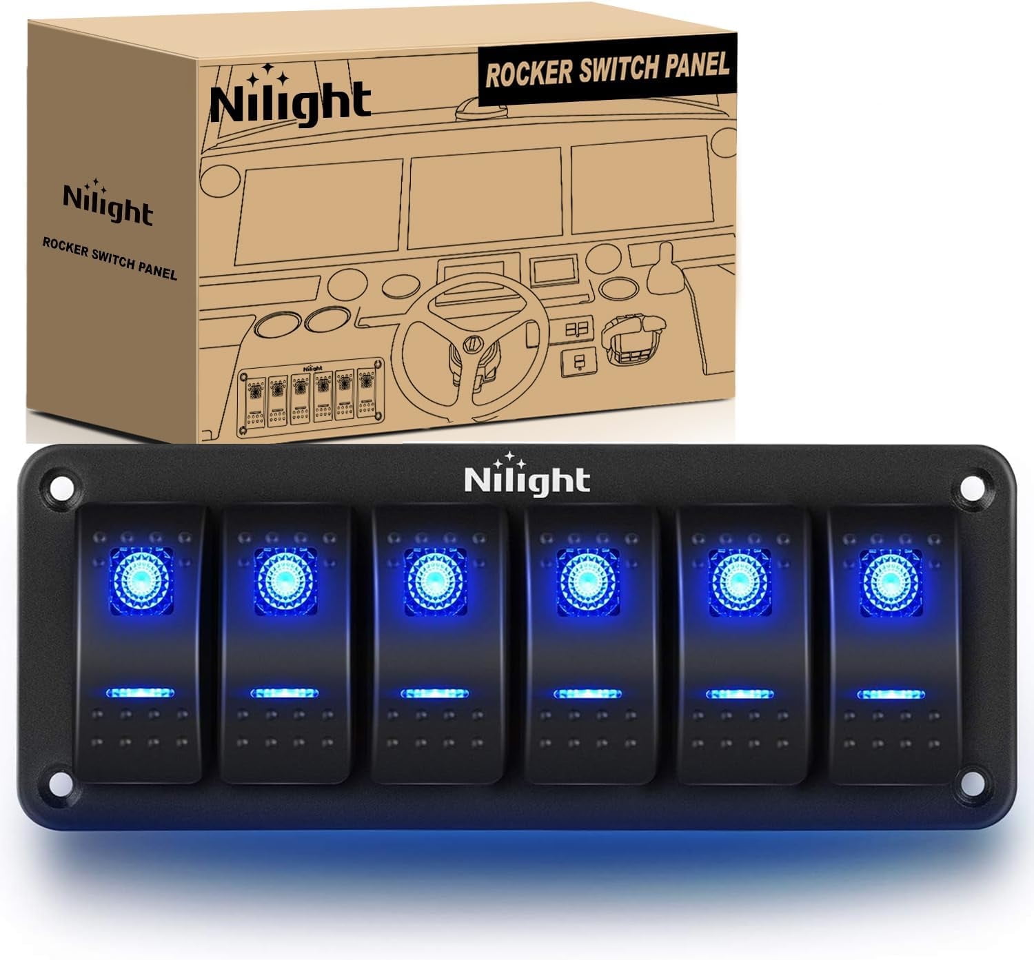 Nilight 6 Gang Aluminum Rocker Switch Panel Toggle Dash 5 Pin on off ...