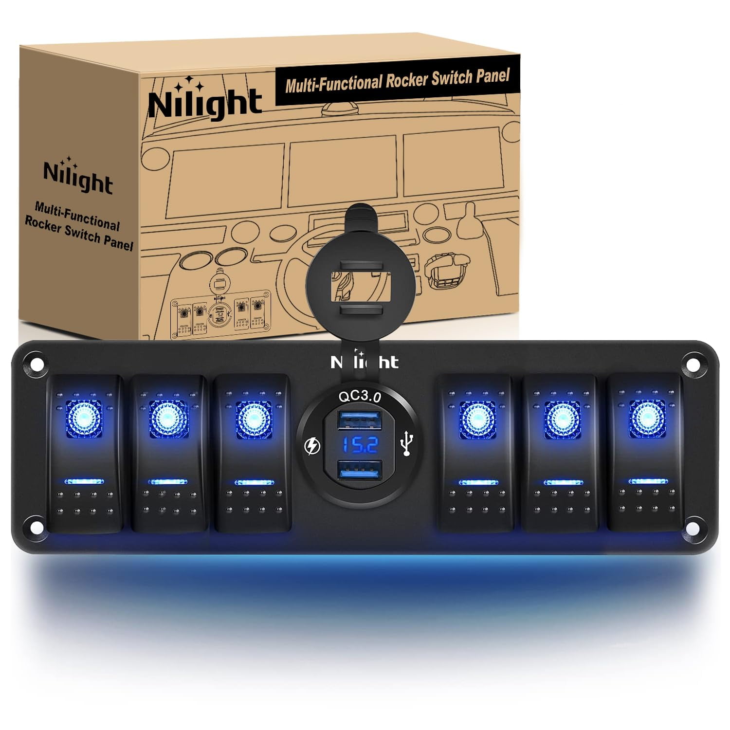 Nilight 6 Gang Rocker Switch 12V SPST ON Off Switch QC 3.0 USB Charger ...