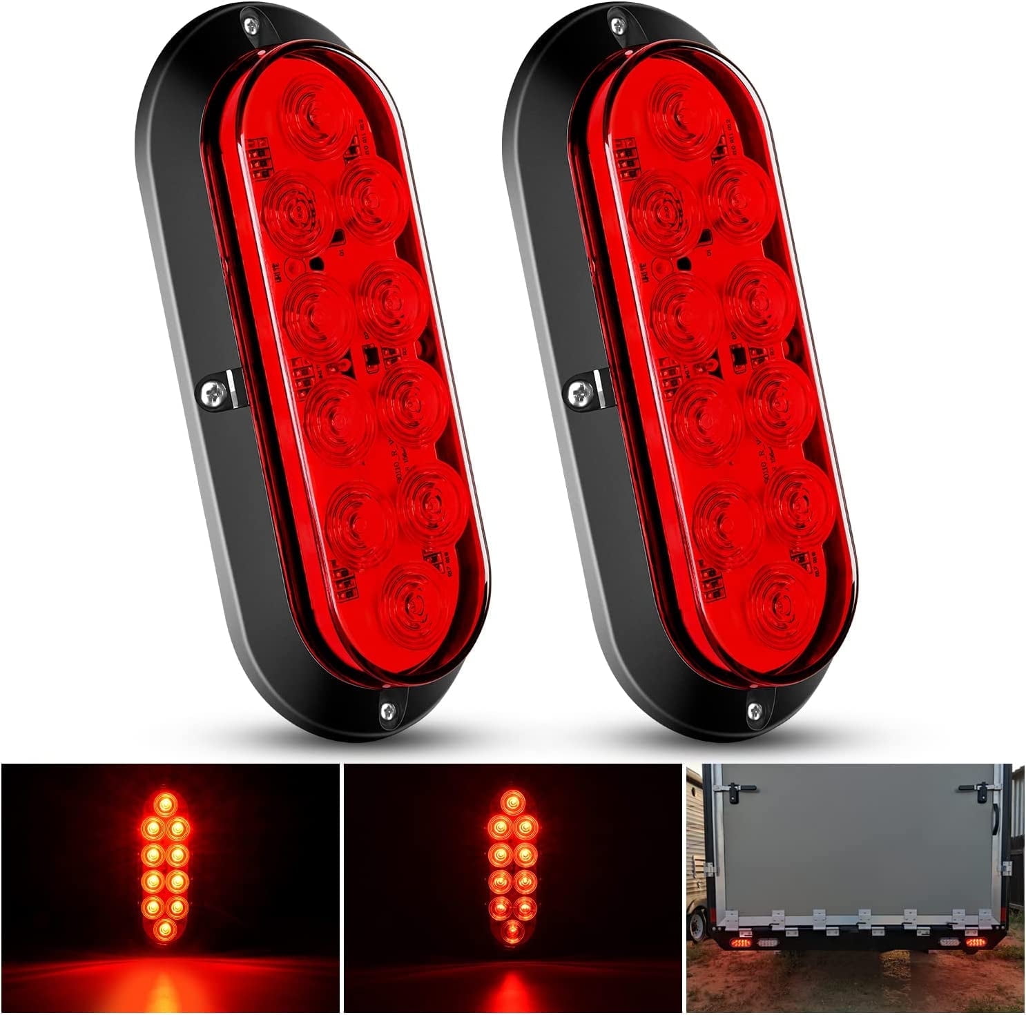Nilight 6" Oval Red LED Trailer Tail 2PCS 10 LED Waterproof Stop Brake ...