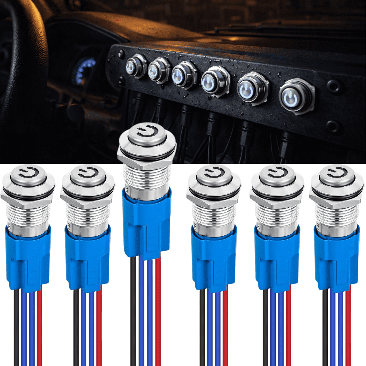 Nilight 6PCS 12mm Latching Push Button Switch Blue LED Waterproof 4 Pin ...
