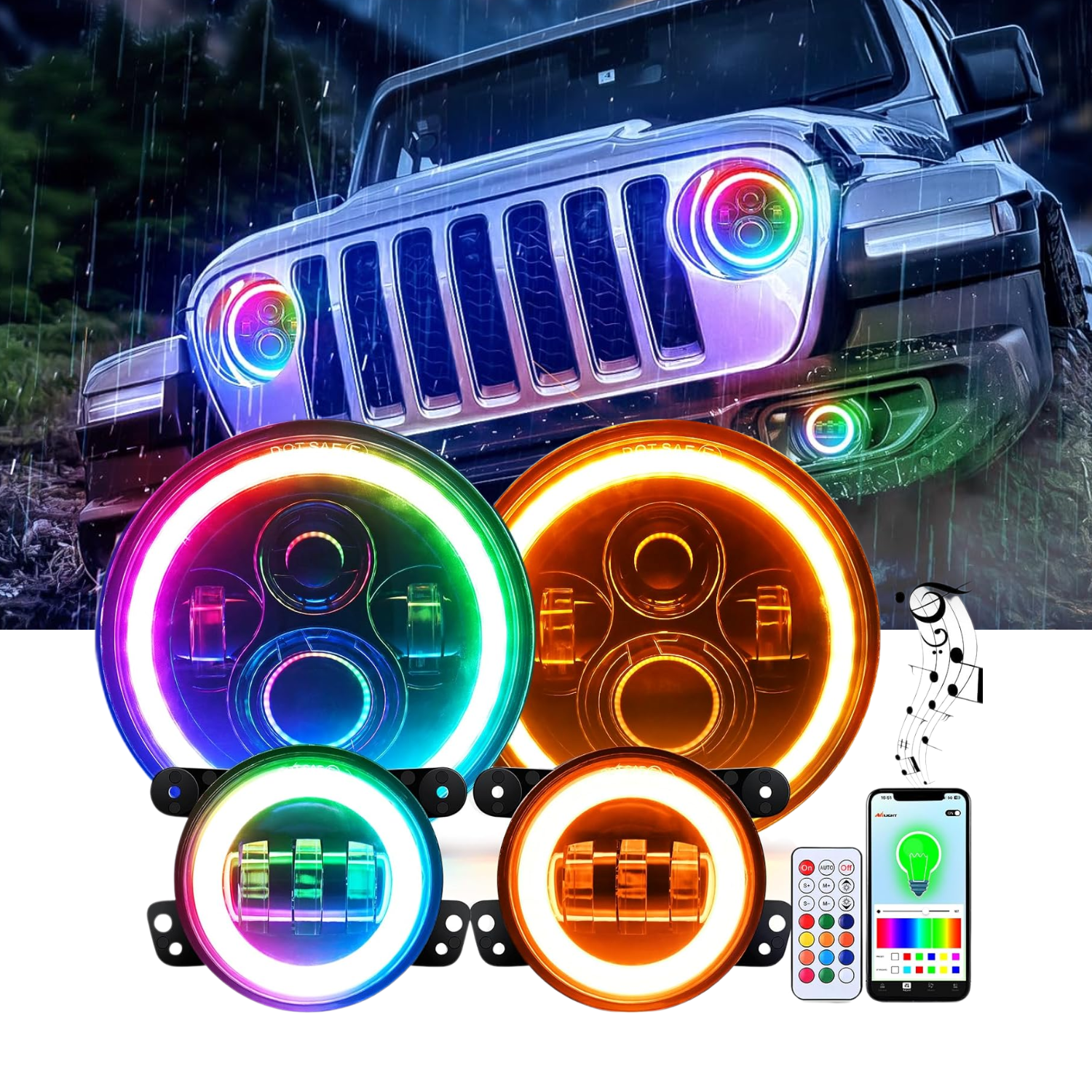 Nilight 7 Inch RGB LED Headlights with 4 Inch RGB Fog Lights, APP ...
