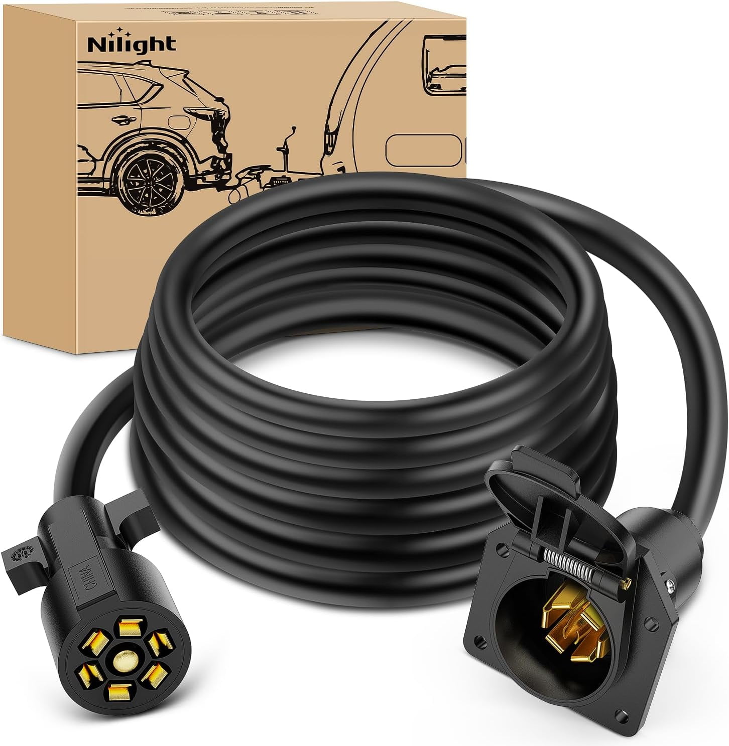 Nilight 7 Way Trailer Plug Extension Cord 12 Feet Heavy Duty 7 Pin ...
