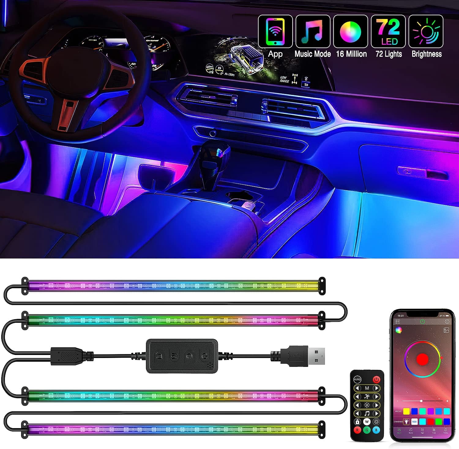 Nilight 72 LED USB Interior Strip Lights Dream Color RGB-IC 12V DC with ...