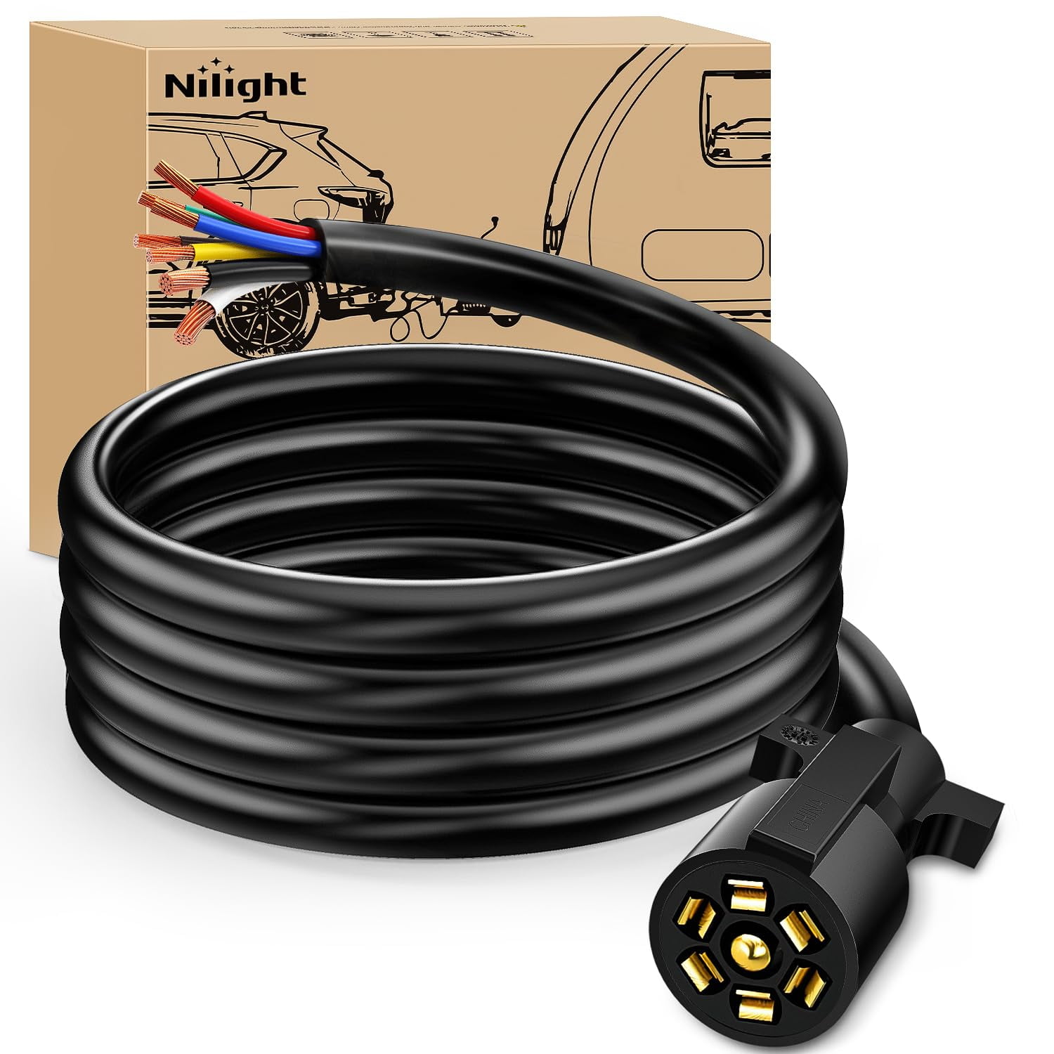 Nilight 7Way 8 Feet Heavy Duty 7 Way Plug Inline Trailer Cord for Truck ...