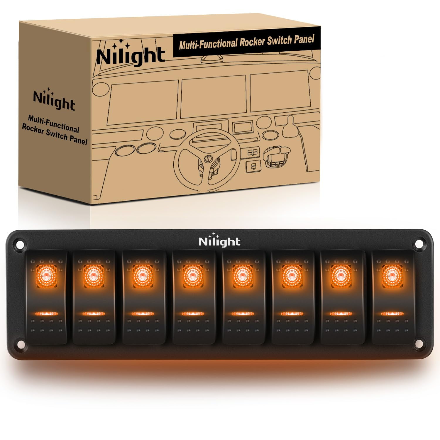 Nilight 8 Gang Rocker Switch Panel with Orange LED Light 5 Pin On Off ...