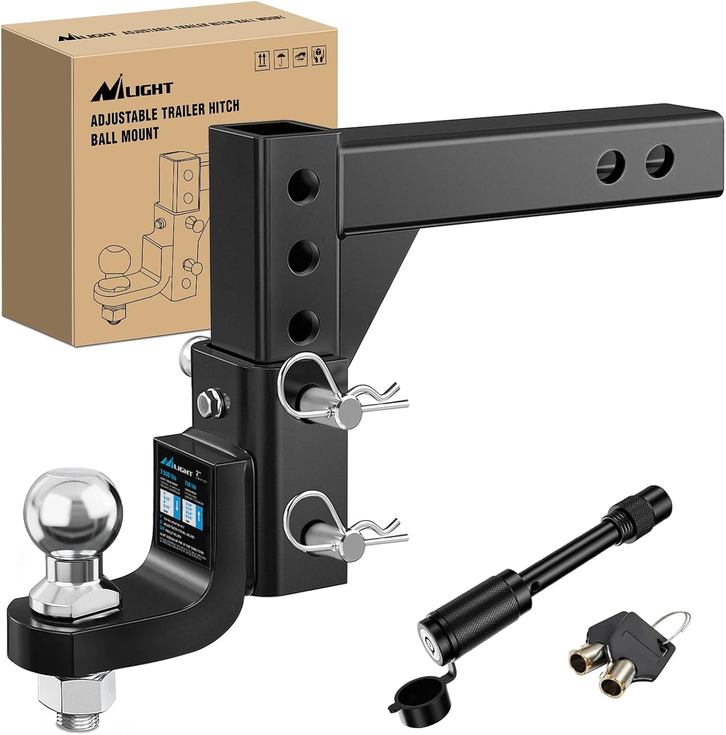 Nilight 8-Position Adjustable Trailer Hitch Ball Mount with 2 inch Ball ...