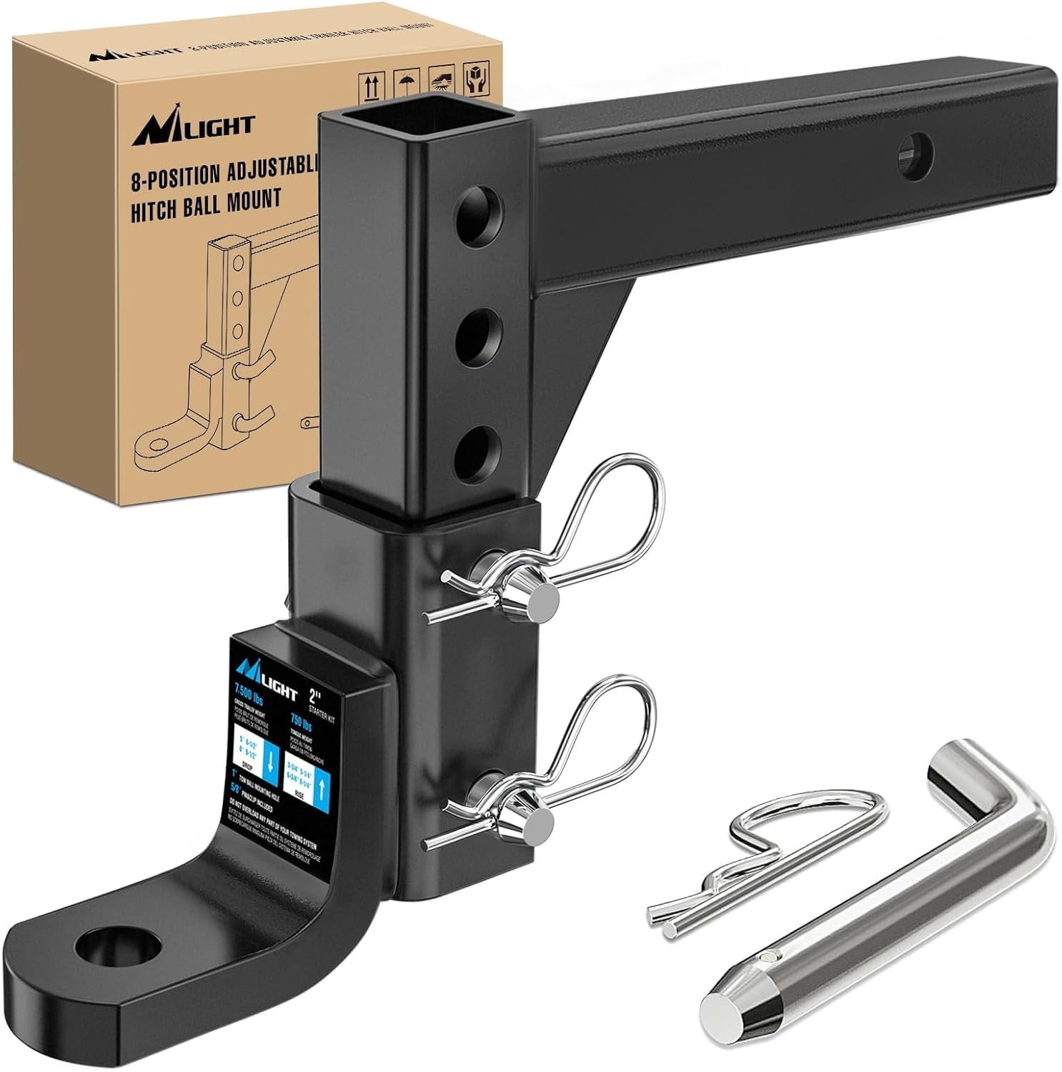 Nilight 8-Position Adjustable Trailer Hitch Ball Mount Fits 2 Inch ...