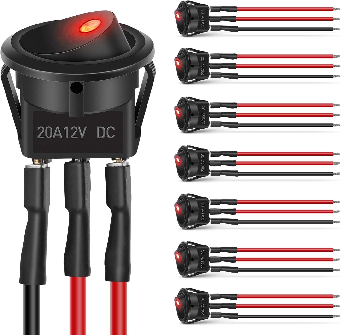 Nilight 8PCS Round Rocker Switches with Red LED, 12V 24V 20A SPST 3Pin ...
