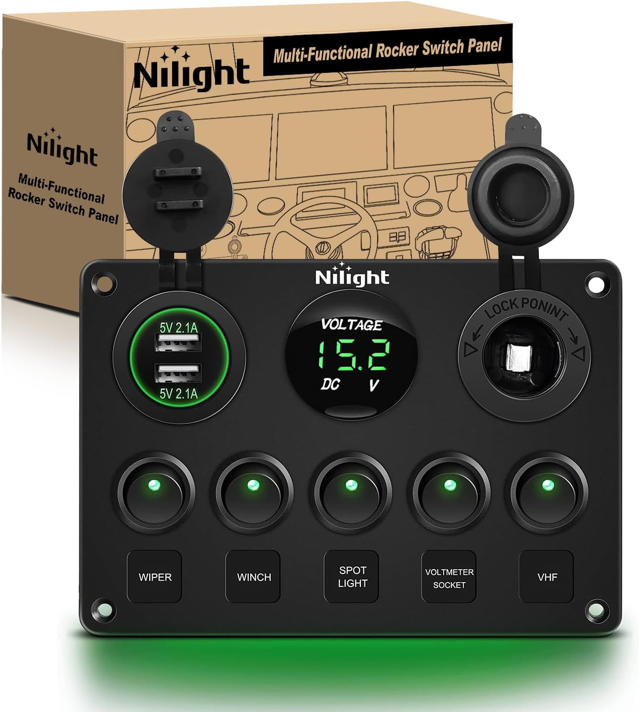 Nilight - 90125E 5 Gang Multi Function Rocker Switch Green Backlit Dual ...
