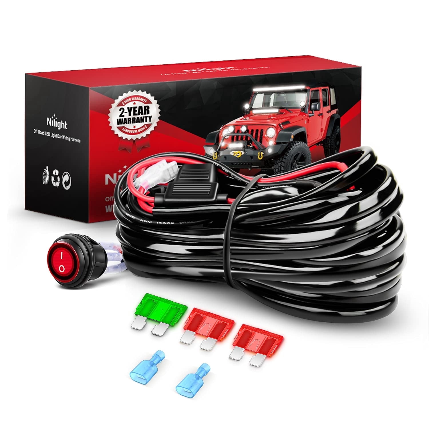 Nilight Copper LED Light Bar Wiring Harness Kit - 1 Lead 12AWG Heavy ...