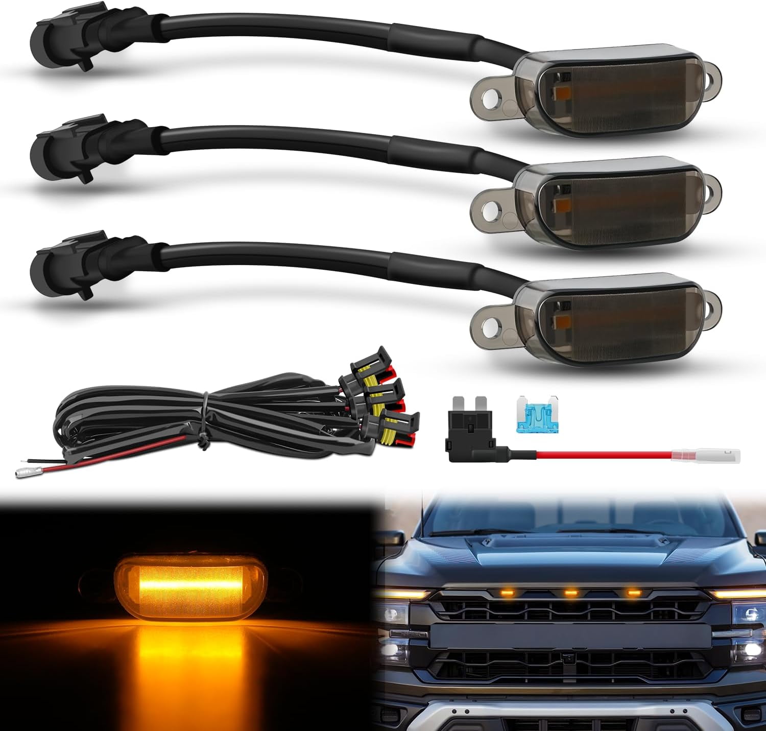 Nilight Front Grille Marker Light 3PCS 4LED Amber LED Light Smoked Lens ...