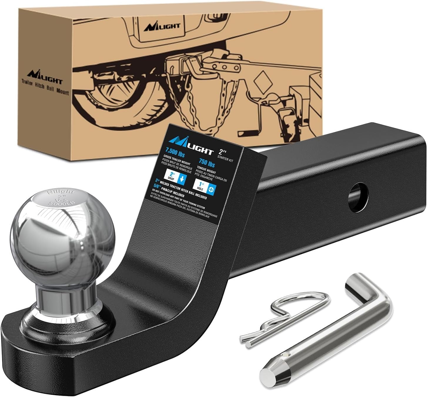 Nilight Fusion Trailer Hitch Mount with 2 Inch Trailer Ball & 5/8 ...
