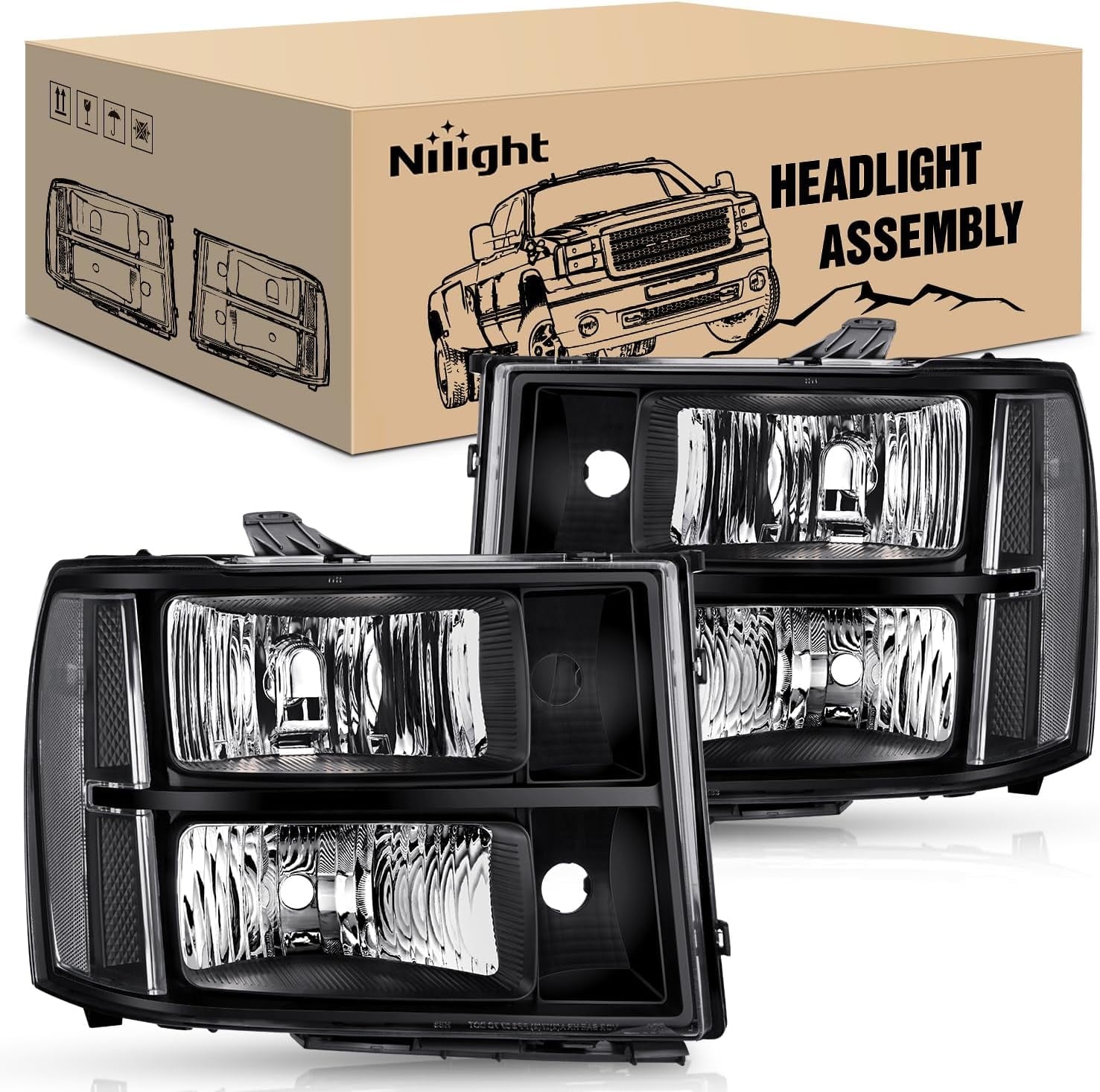 Nilight Headlight Assembly Compatible for 2007 2008-2013 GMC Sierra 1500 2008-2014 GMC Sierra ...