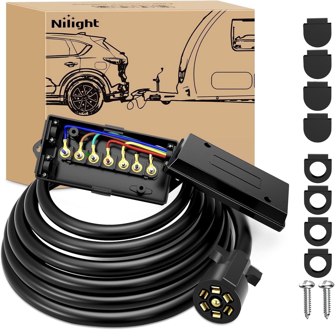 Nilight Heavy Duty 7 Way Inline Trailer Plug with 7 Gang Junction Box ...
