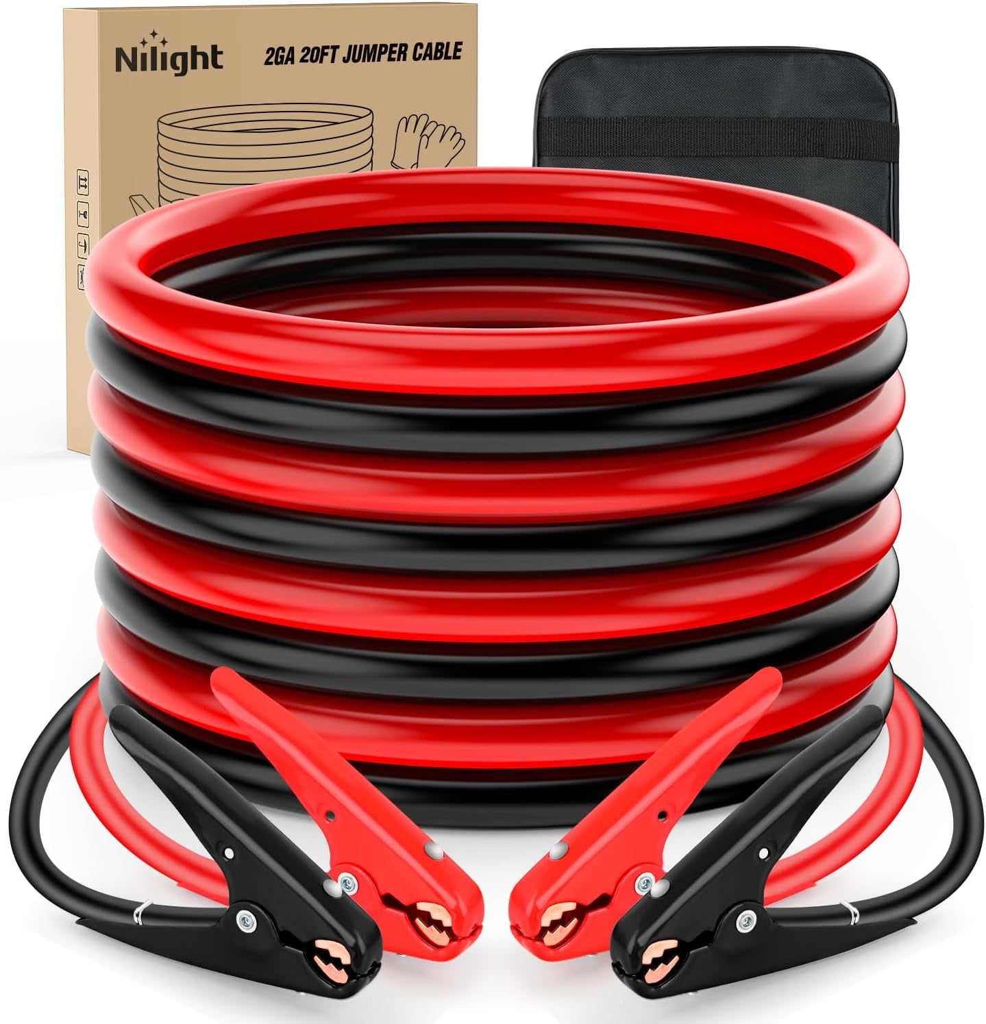 Nilight Jumper Cables for Car Battery 2 Gauge 20 ft Booster Cable Heavy ...