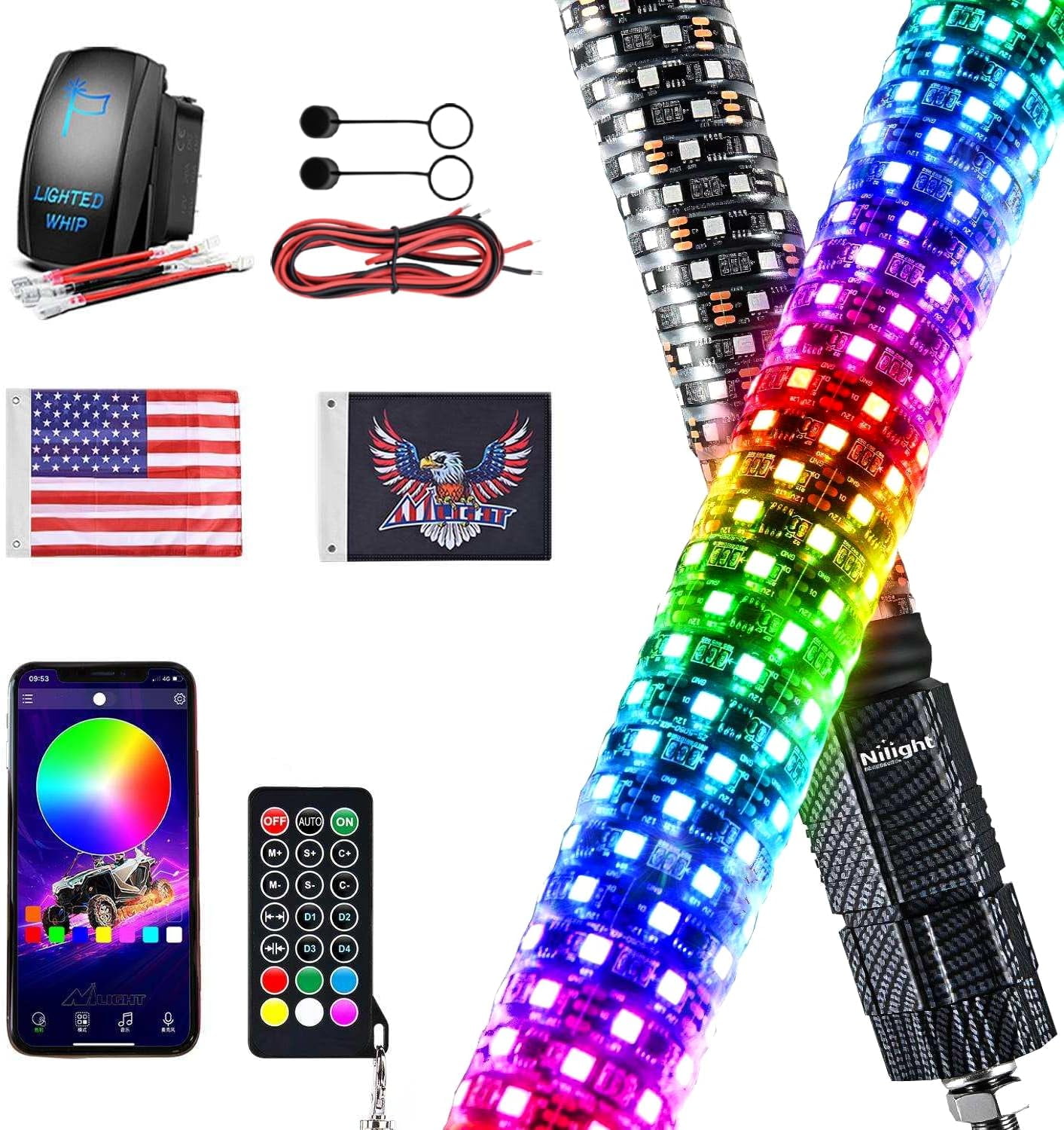 Nilight LED Fat Whip Light 1PC 2FT RGB Lighted Antenna Whips with ...