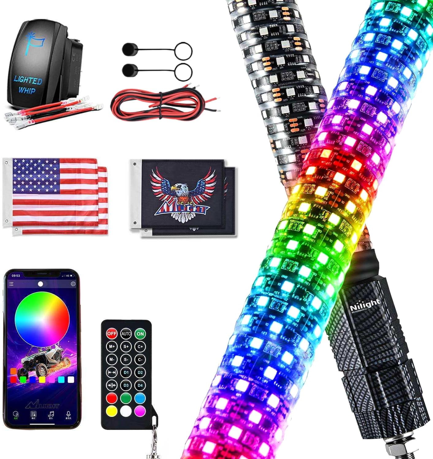 Nilight LED Fat Whip Light 2PCS 3FT RGB Lighted Antenna Whips with ...