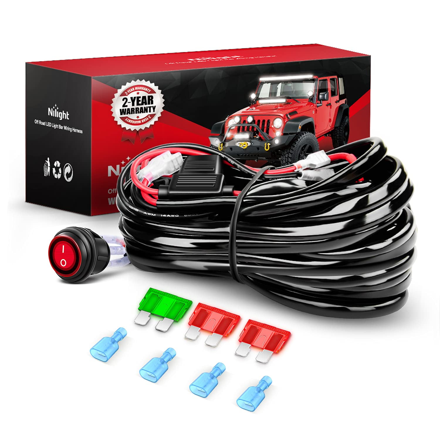 Nilight LED Light Bar Wiring Harness Kit - 2 Leads 12AWG Heavy Duty 12V ...