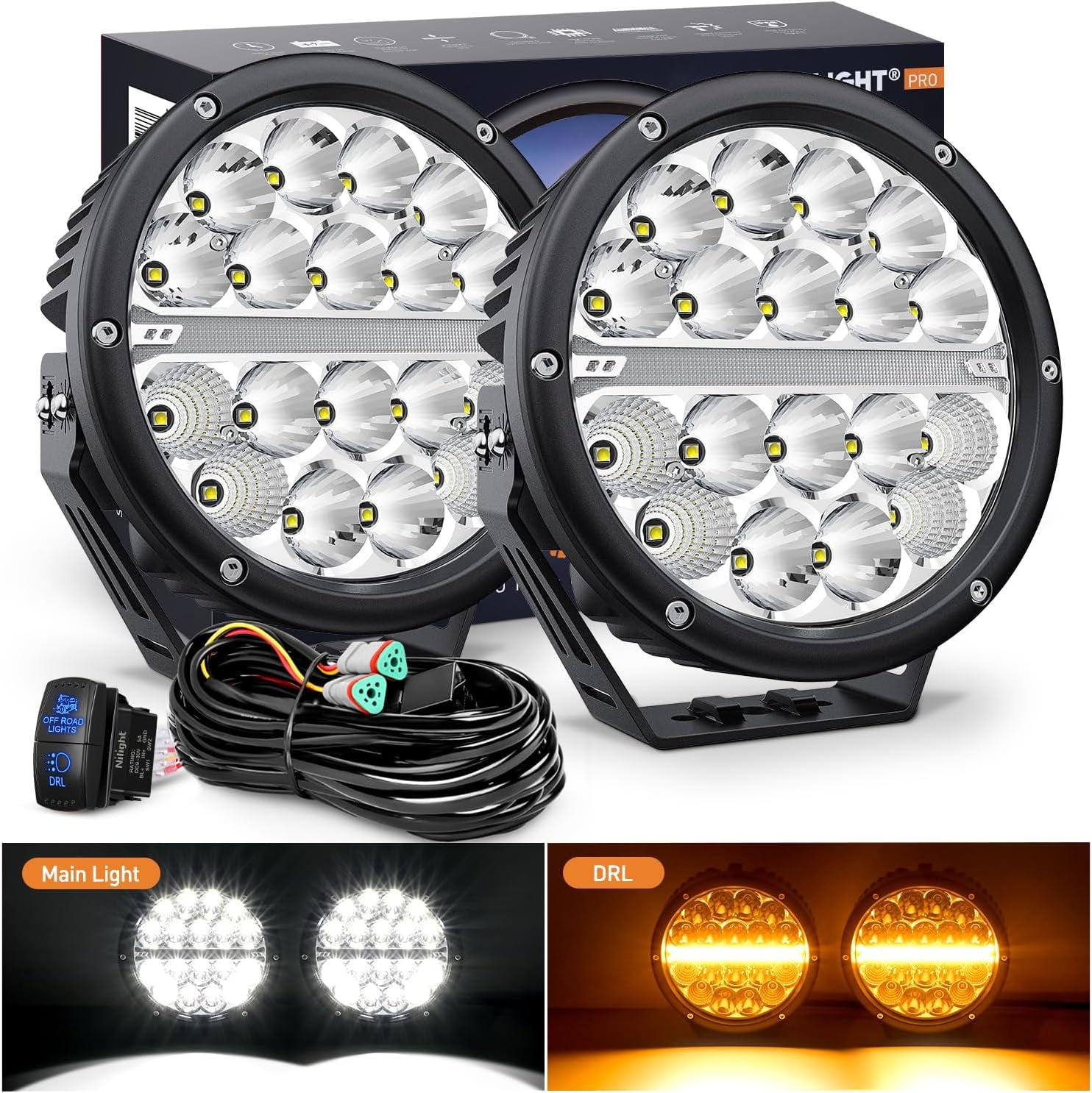 Nilight LED Offroad Driving Lights with Amber DRL 2PCS 7 Inch Round 90W ...