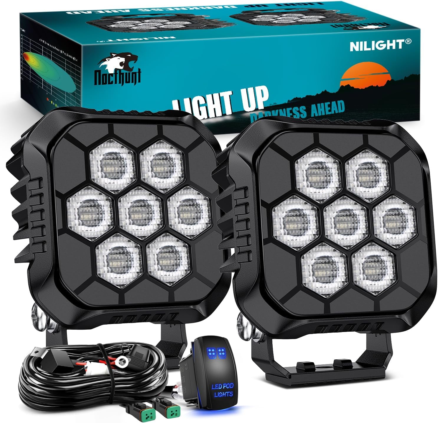 Nilight LED Pod Light 2 PCS 3.8 Inch 45 W 9 LED Square Hyper Flood Beam ...