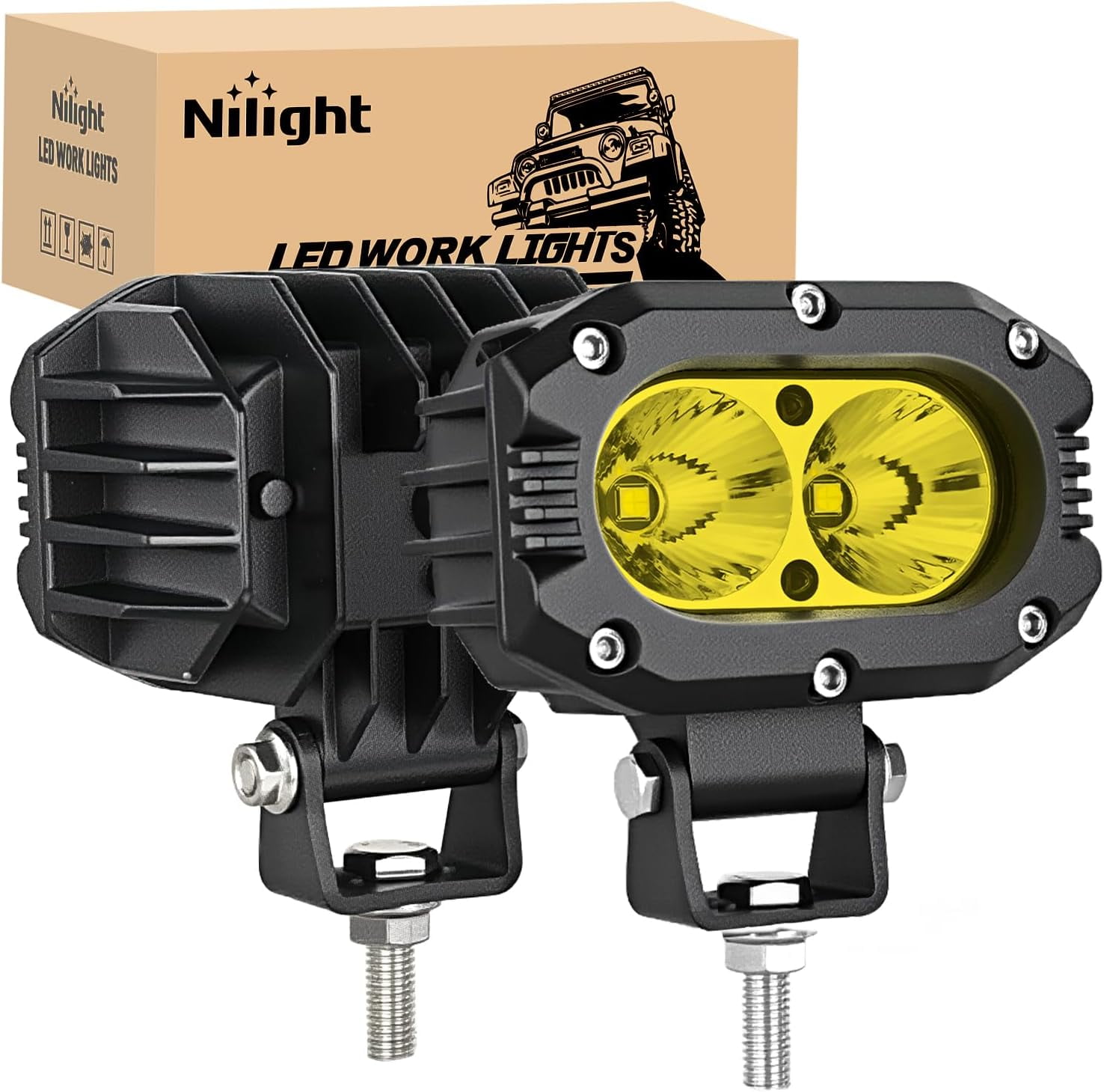 Nilight LED Pod Light 24W 4 Inch 2PCS Yellow Flood Beam Driving Lights Pods IP67 Waterproof ...