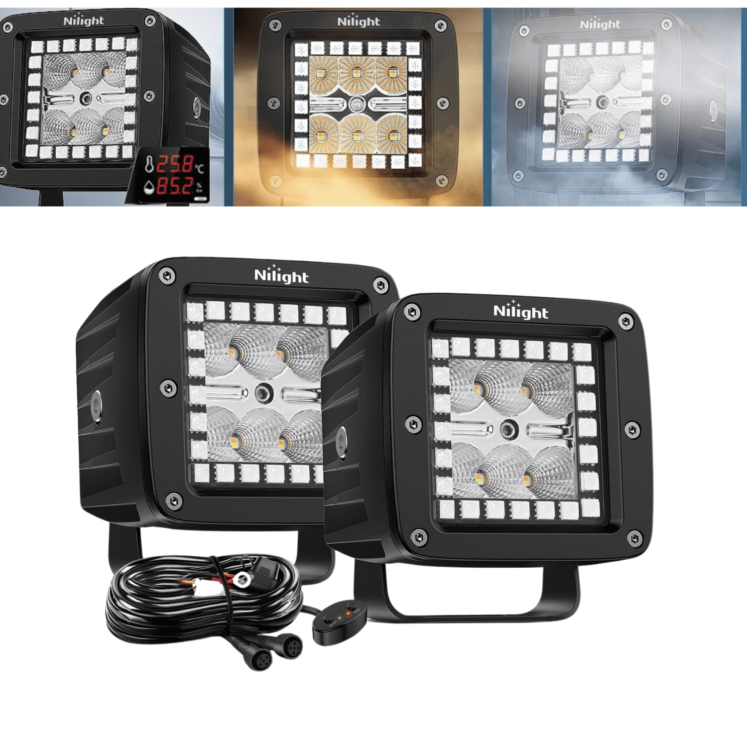 Nilight LED Pods 3 Inch 18W Cube Flood Offroad Work Light with RGB Halo ...