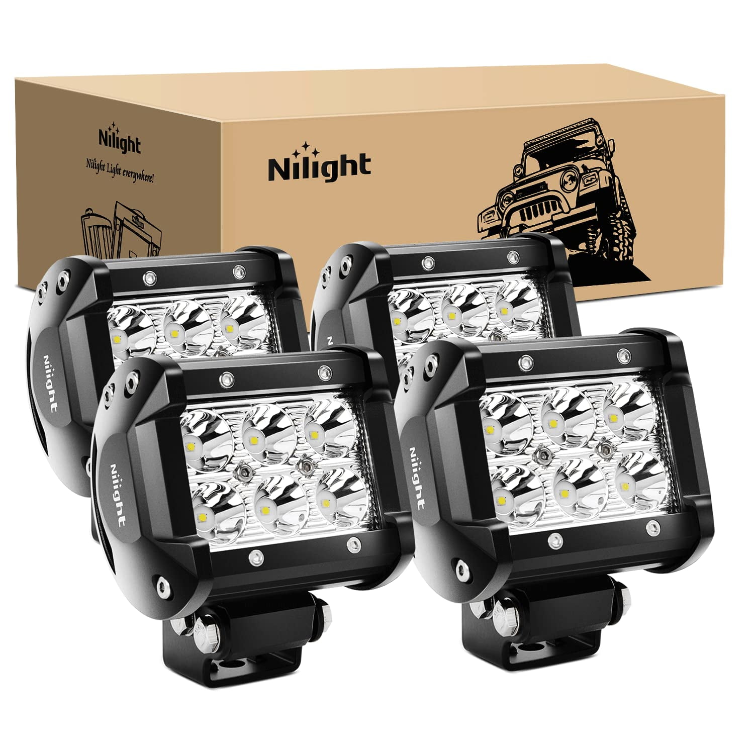 Nilight LED Pods 4PCS 18W 1260lm Spot LED Light Bar Driving Fog Light ...