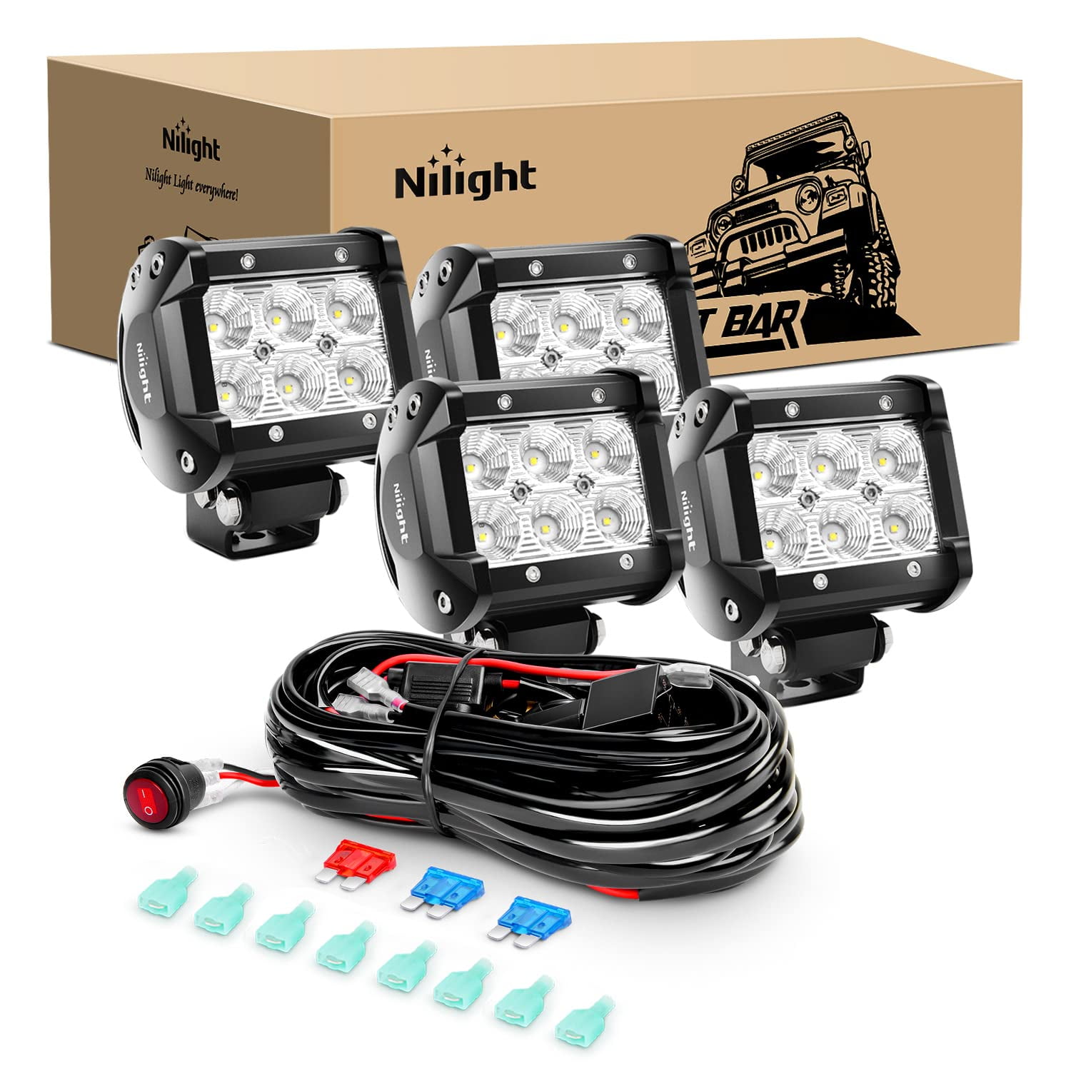 Nilight LED Pods 4Pcs 4 Inch 18W Flood Off Road Fog Lights Driving Roof ...