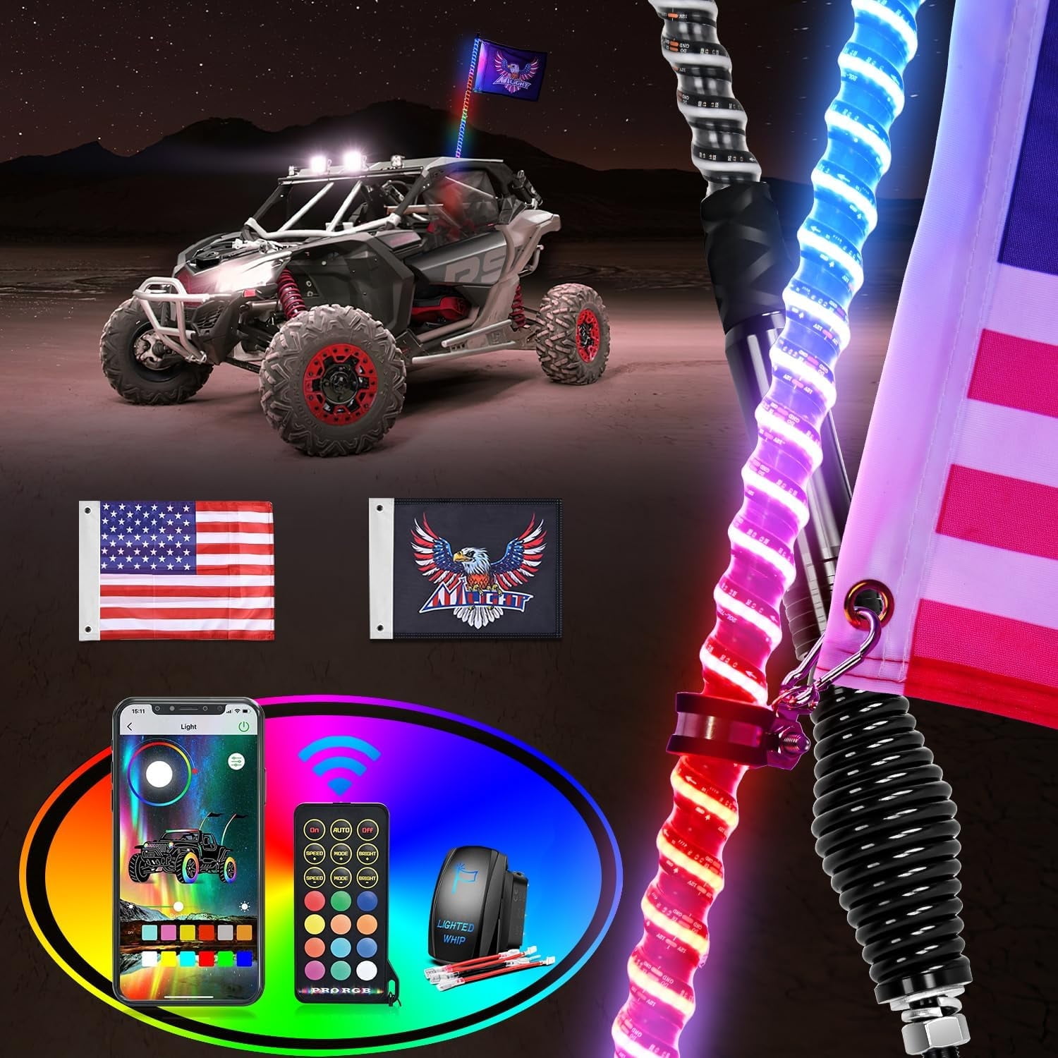 Nilight LED Whip Light 1 PC 3FT COB RGB Lighted Antenna Whips with ...