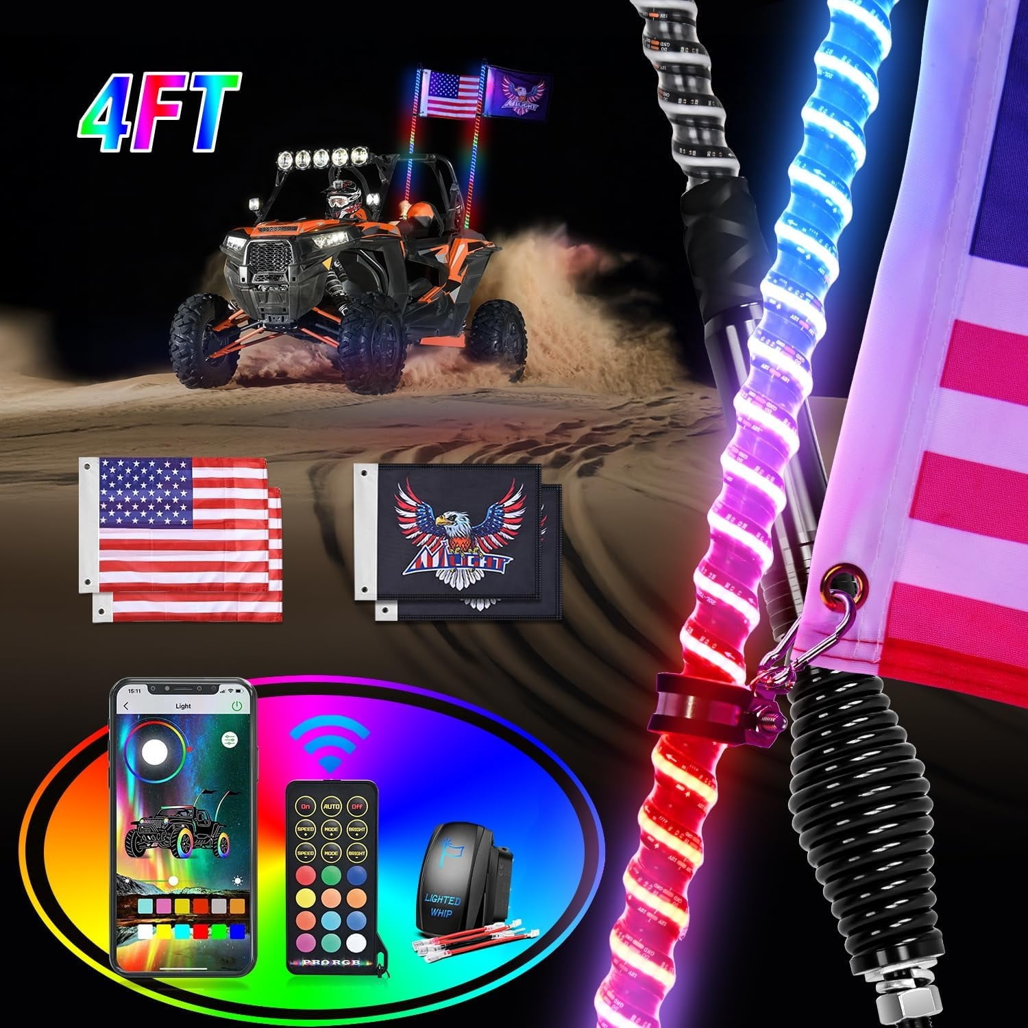 Nilight LED Whip Light 2 PCS 4FT COB RGB Lighted Antenna Whips with ...