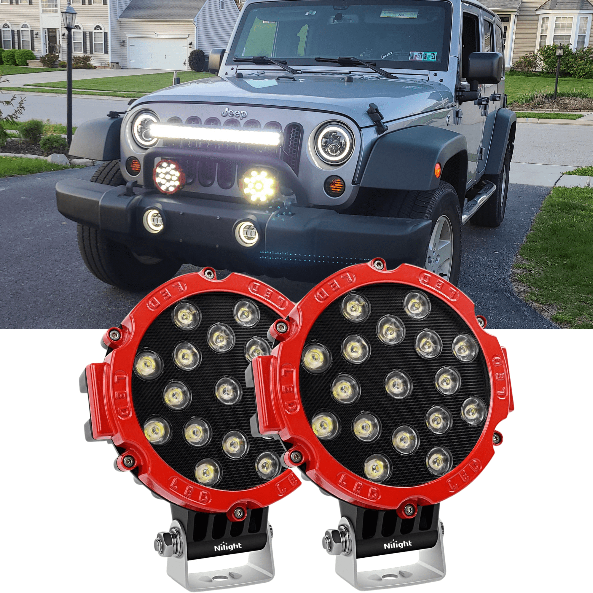 2 Pack 7Inch Round LED Offroad Pod Lights Bar 51W 5100LM Red Spot ...