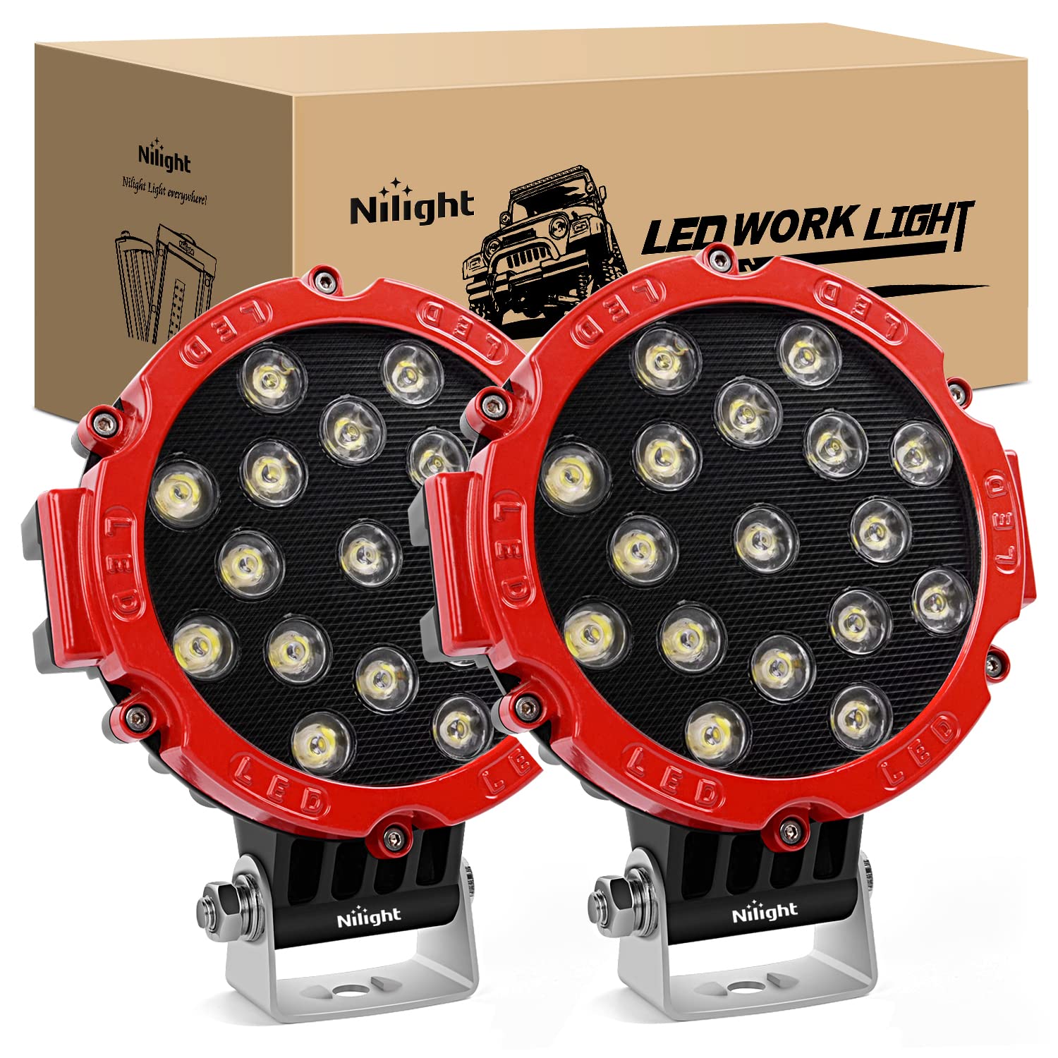 Nilight Led Light Bar DHF10 2PCS 7" 51w 5100LM Red Round Spot LED Light ...
