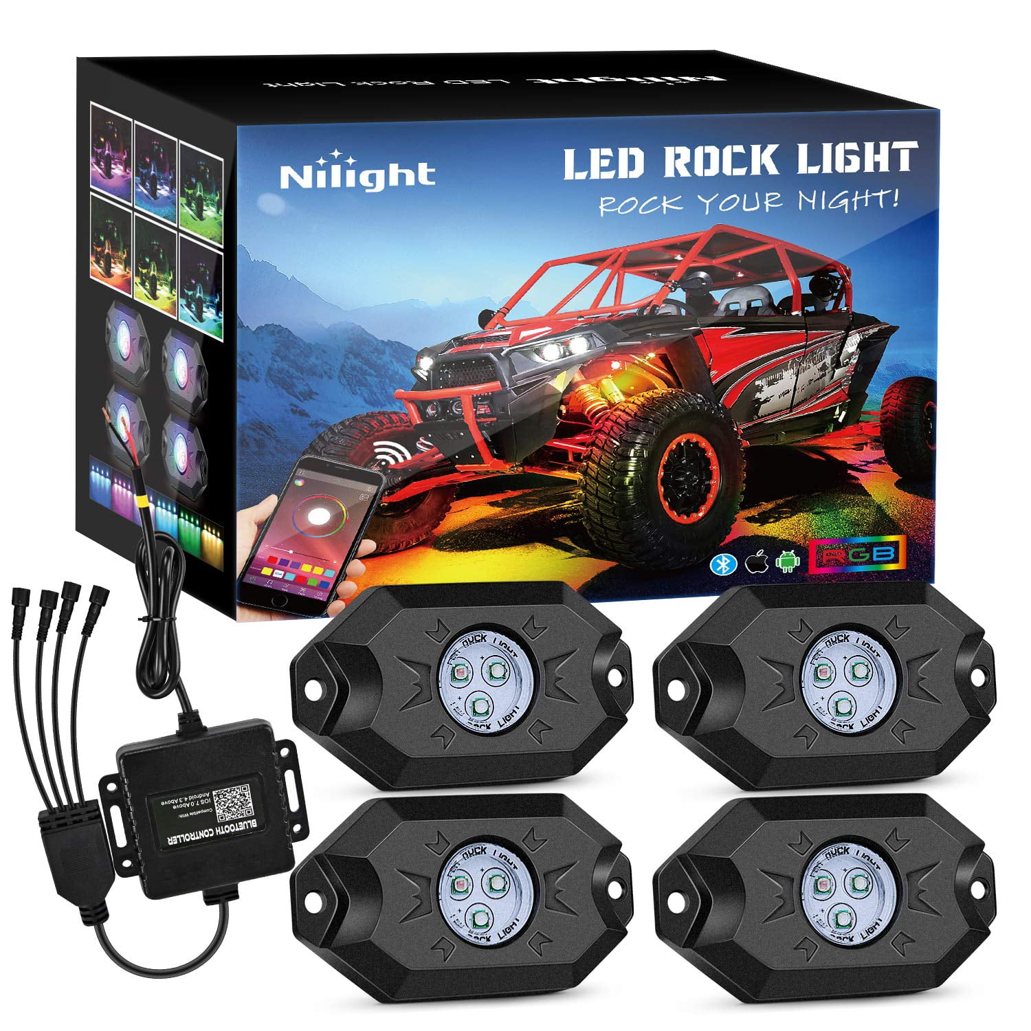 Nilight RGB LED Rock IFF17 Lights Kit, 4 pods Underglow Multicolor Neon ...